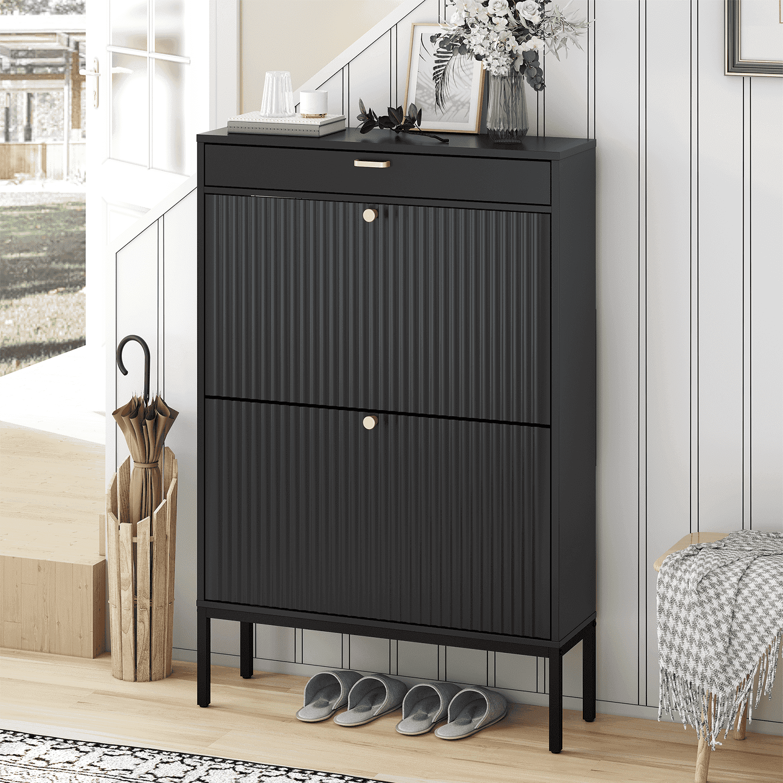 Brafabhome Black Fluted Shoe Storage Cabinet with 2 Flip Drawers ...