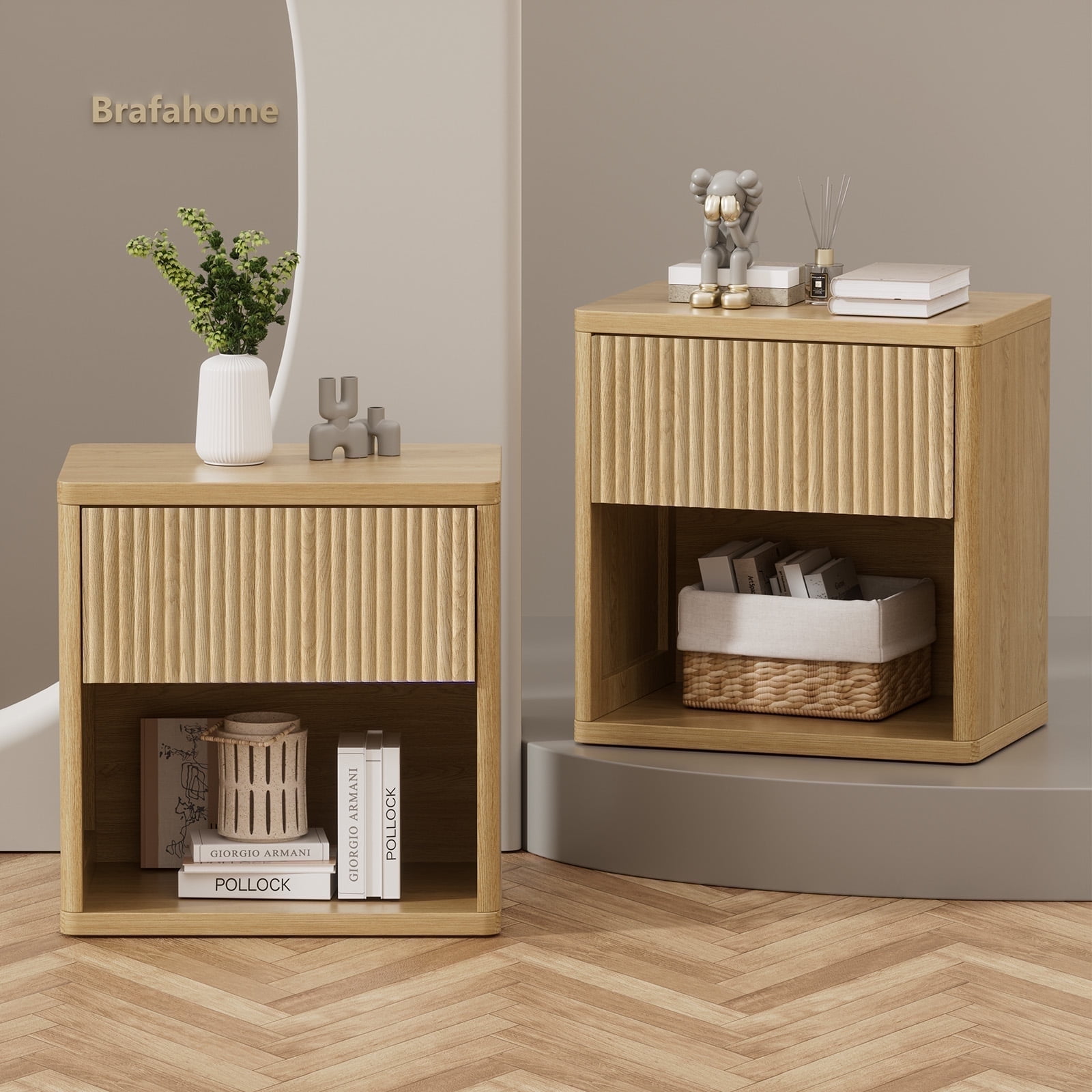 Brafabhome Fluted Nightstands with Drawers for Bedroom, Modern Curved ...