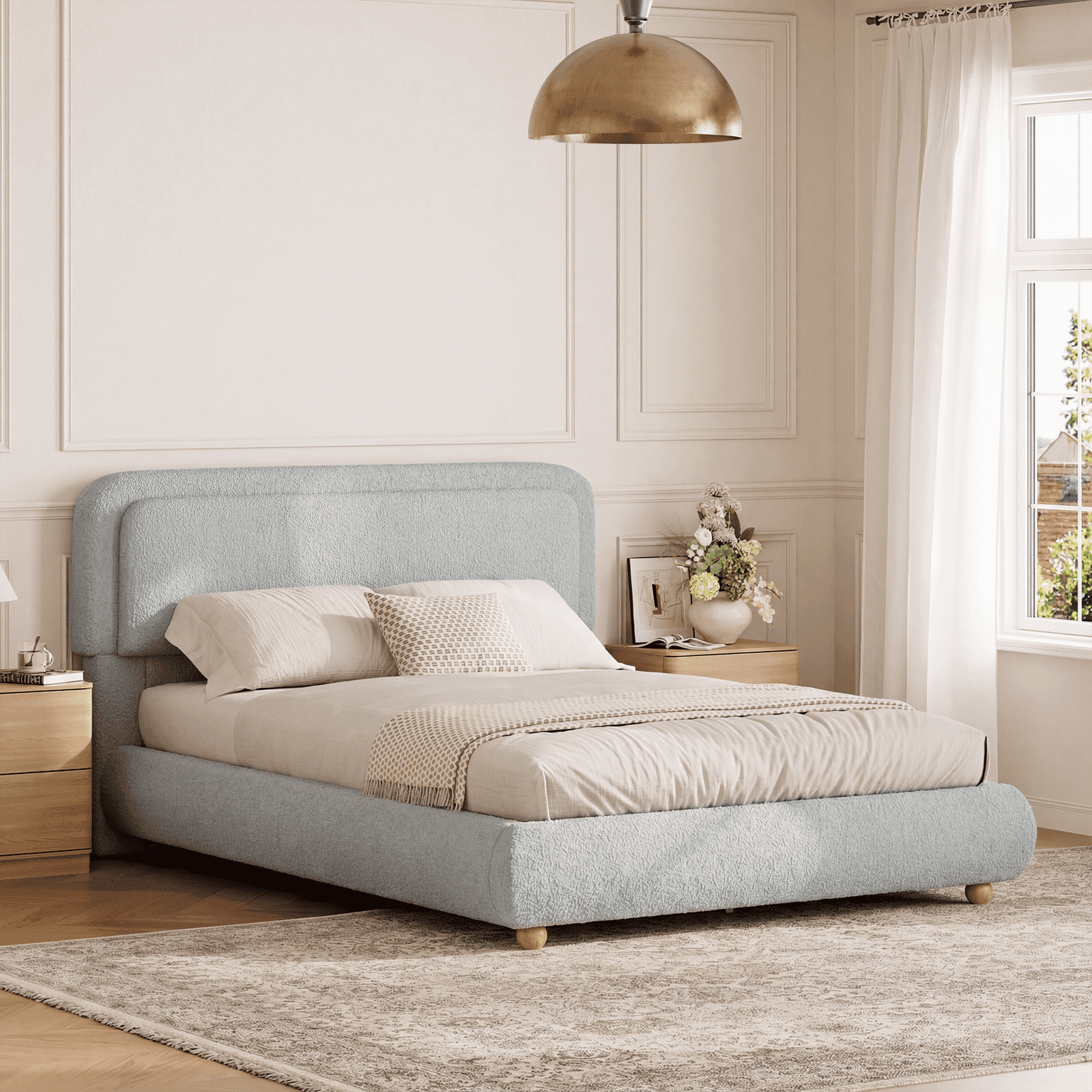 Brafabhome Full Size Bed Frame with Round Corner Headboard, Soft Boucle ...