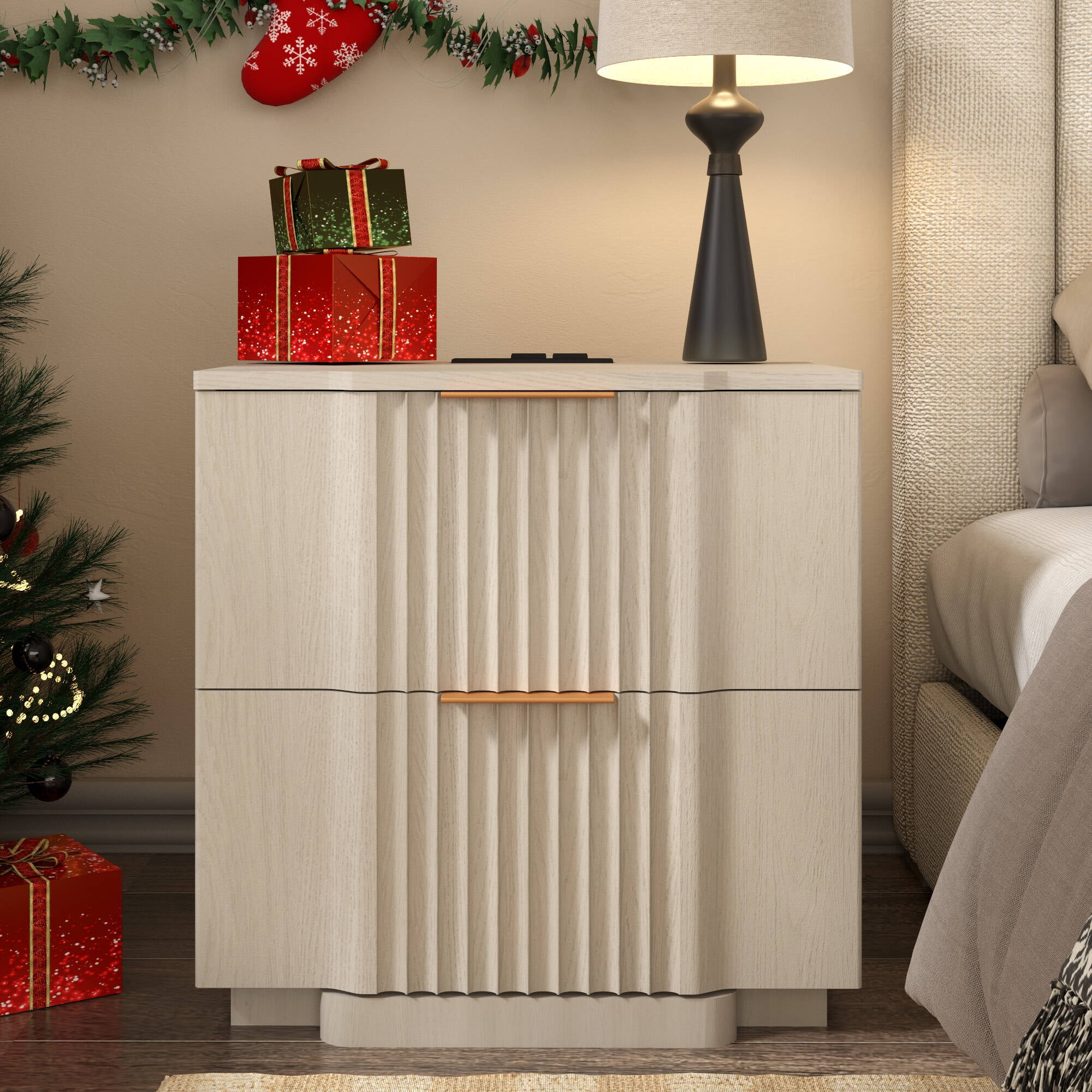 Brafabhome Nightstand with Fast Charging Station, Curved Profile Fluted ...
