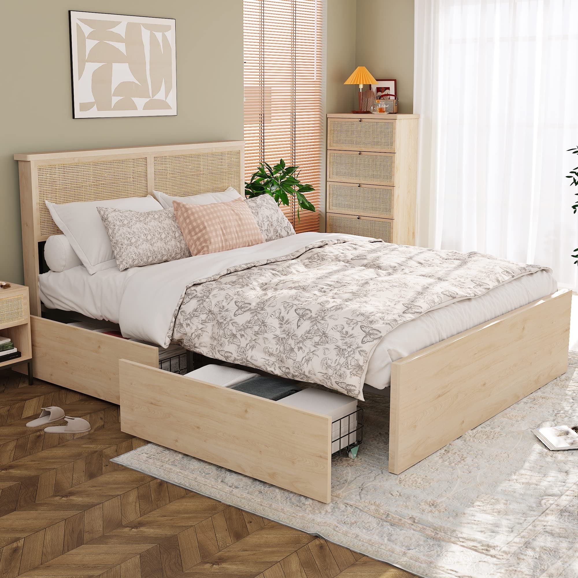 Brafabhome Full Bed Frame with Rattan Headboard and Footboard, Wood ...