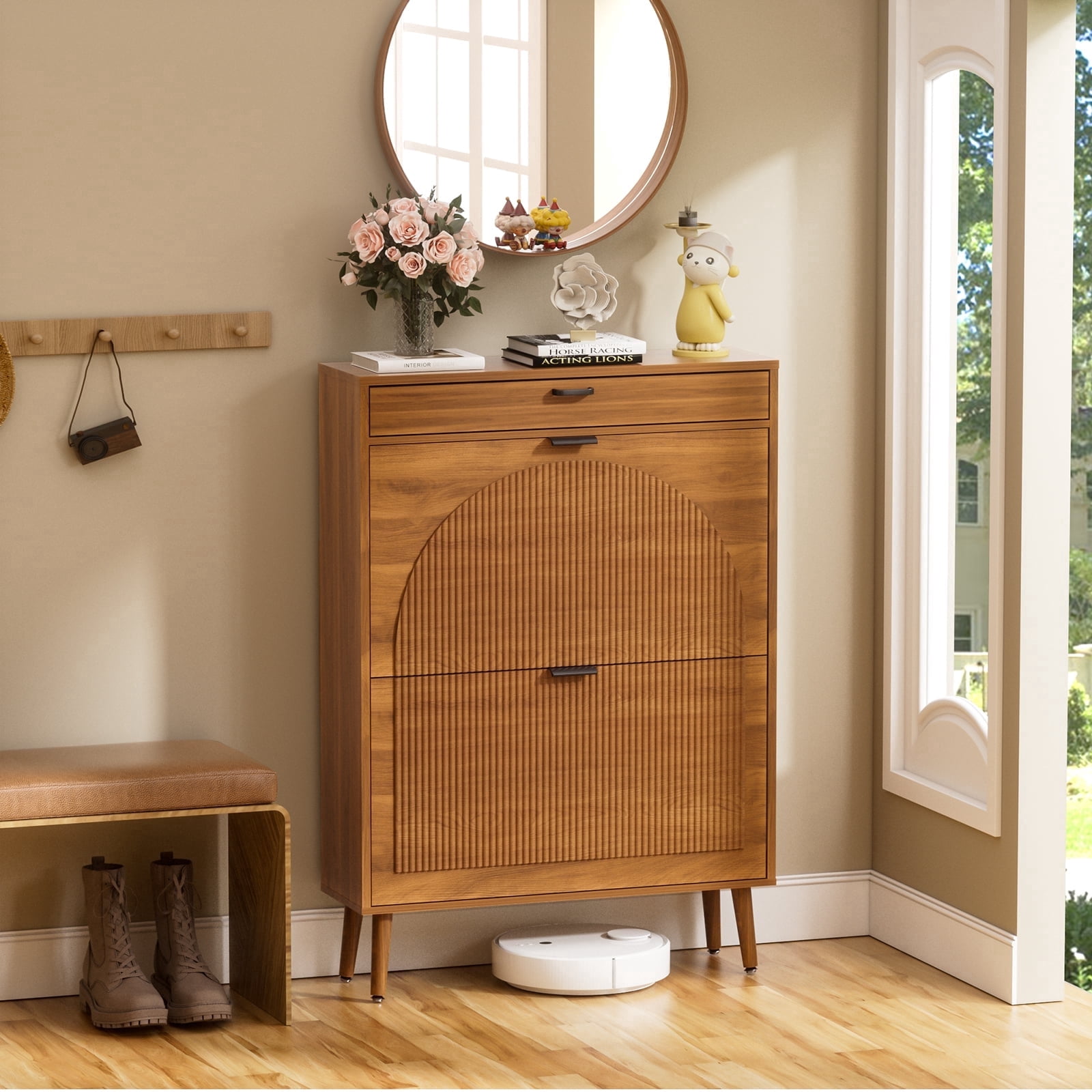 Brafabhome Shoe Storage Cabinet with Arched Wavy Flip Drawers, Walnut ...