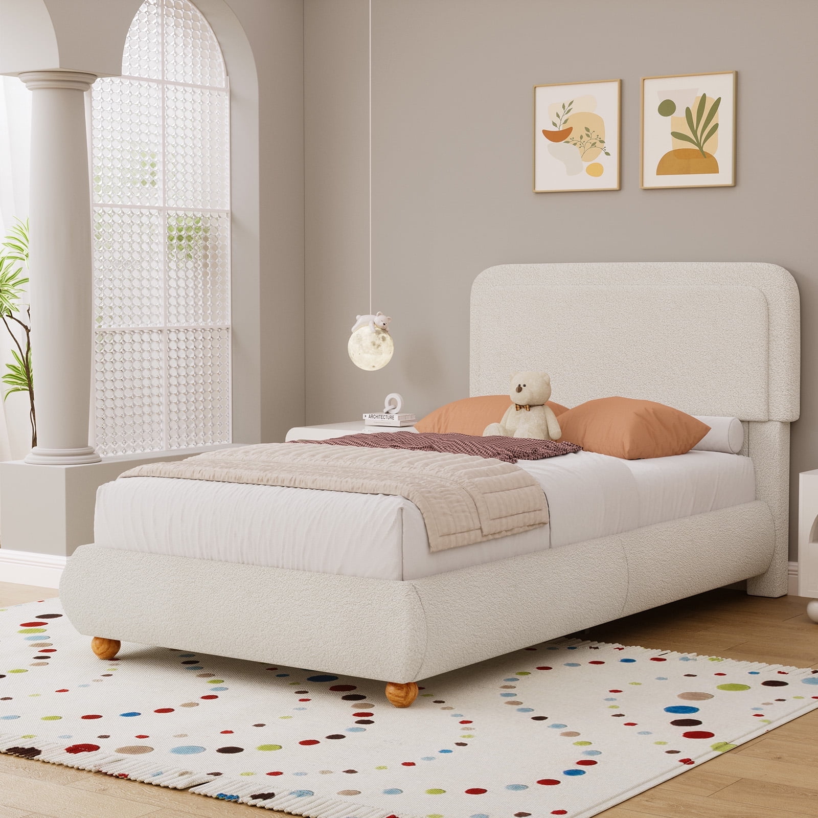 Brafabhome Twin Size Bed Frame with Round Corner Headboard, Soft Boucle ...
