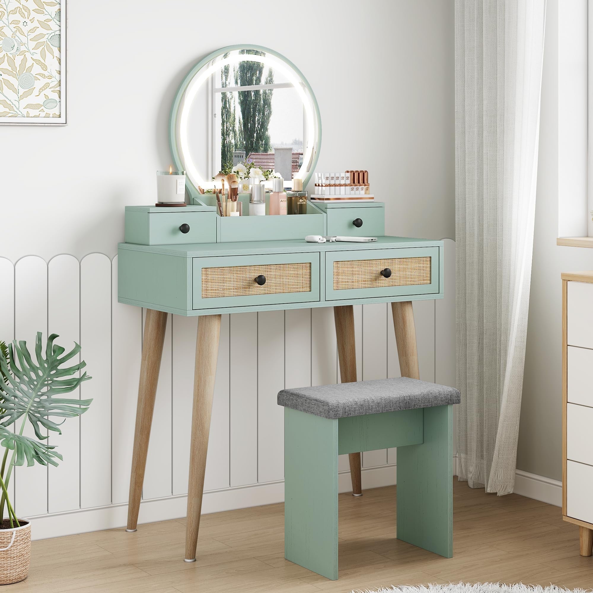 Brafabhome Vintage Boho Vanity Table Set with Adjustable Lighted Mirror ...