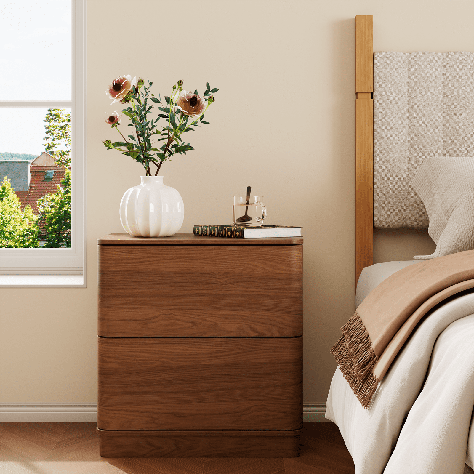Brafabhome Wood Nightstands with 2 Drawers, Curved Profile Night Stand ...
