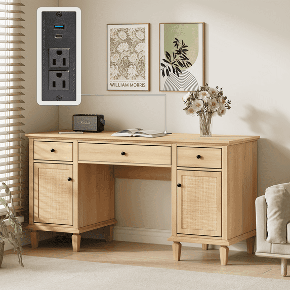 Brafab 3-Drawer Rattan Writing Desk with Storage Shelf & Power Outlets ...
