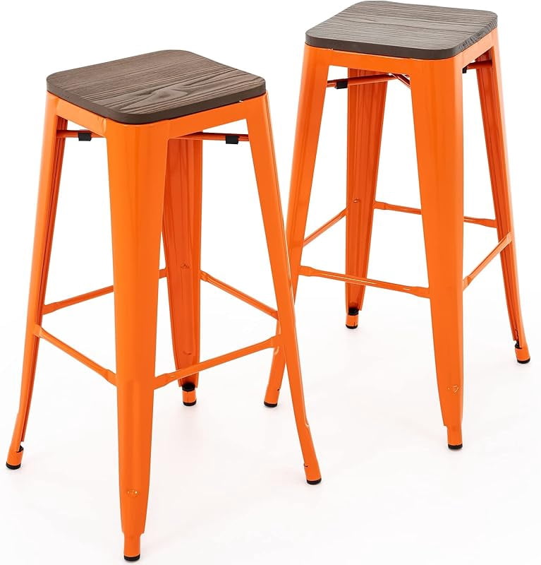 Brage Living 30 Inch Metal Bar Stools with Square Solid Elm Wood Seat ...