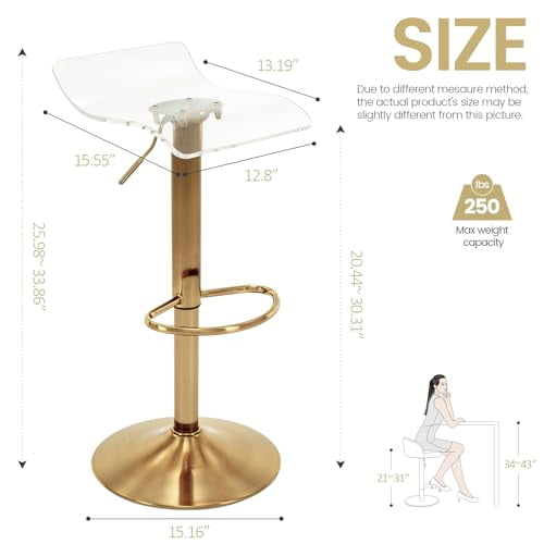 Brage Living Acrylic Bar Stools Set of 2, Backless Transparent Swivel ...