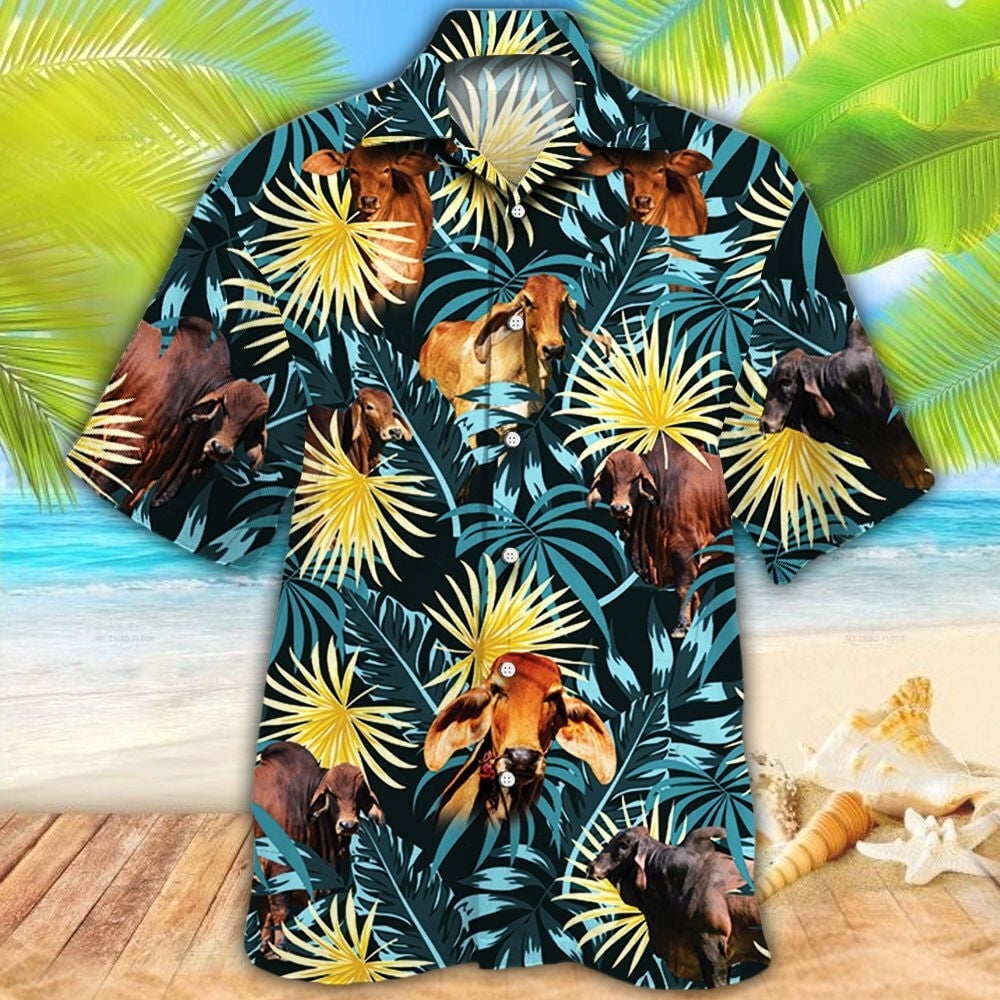 Brahman Cattle Blue And Yellow Tropical Plants Hawaiian Shirt - Walmart.com