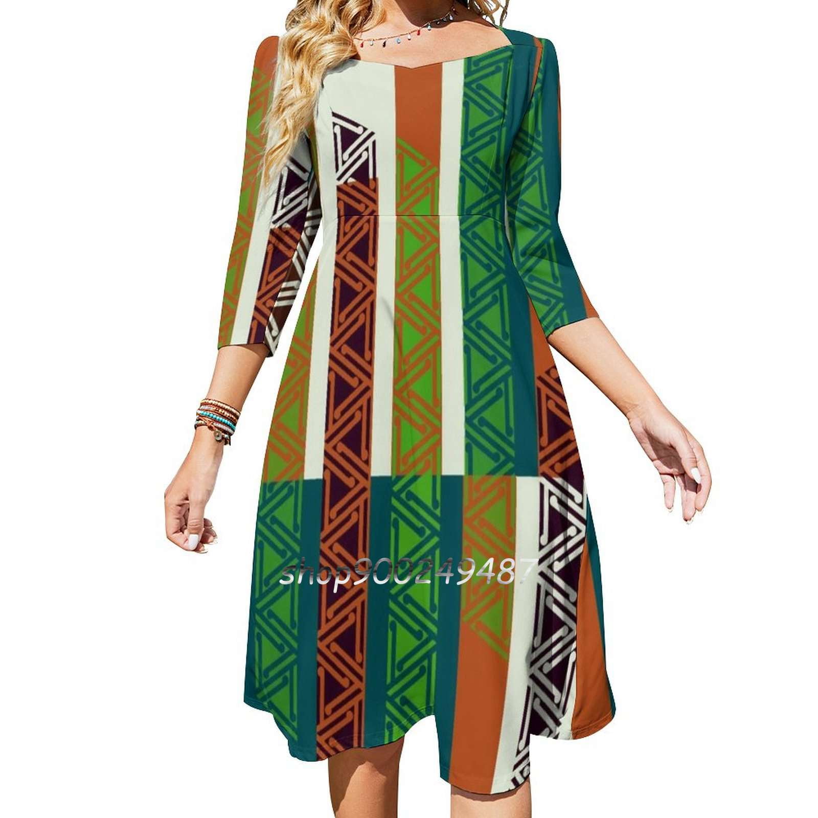 Braid ( Orange Lime ) Flare Dress Square Neck Dress Elegant Female ...