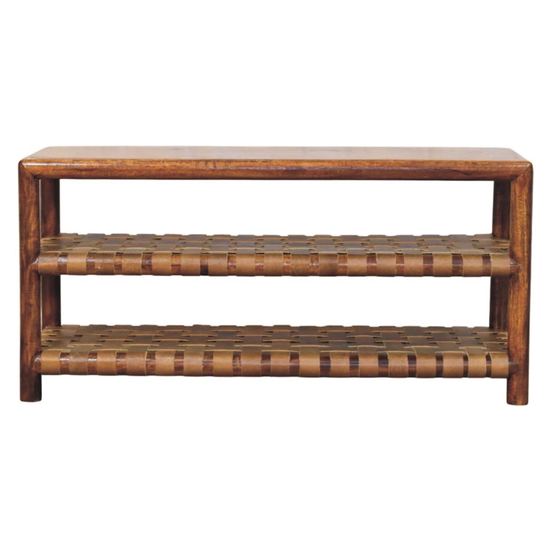 Braided Leather Shoe Shelf - Made Of Solid Mango Wood, Chestnut Color, Rustic Charm, 41.8 In. X ...