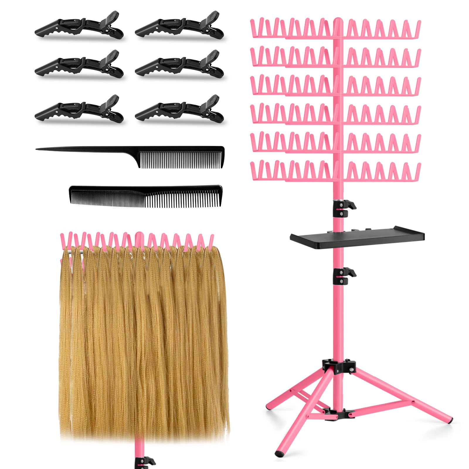 Braiding Hair Rack with Tray, 144 Pegs Adjustable Height Stand, 2-Side ...