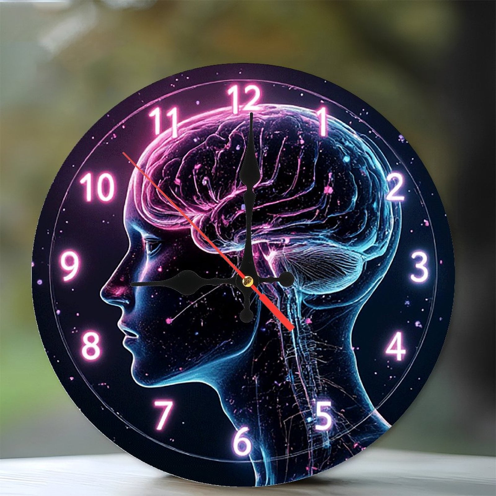 Brain Clock Neon Art Wall Clock 10-Inch Silent Wooden Wall Clock ...