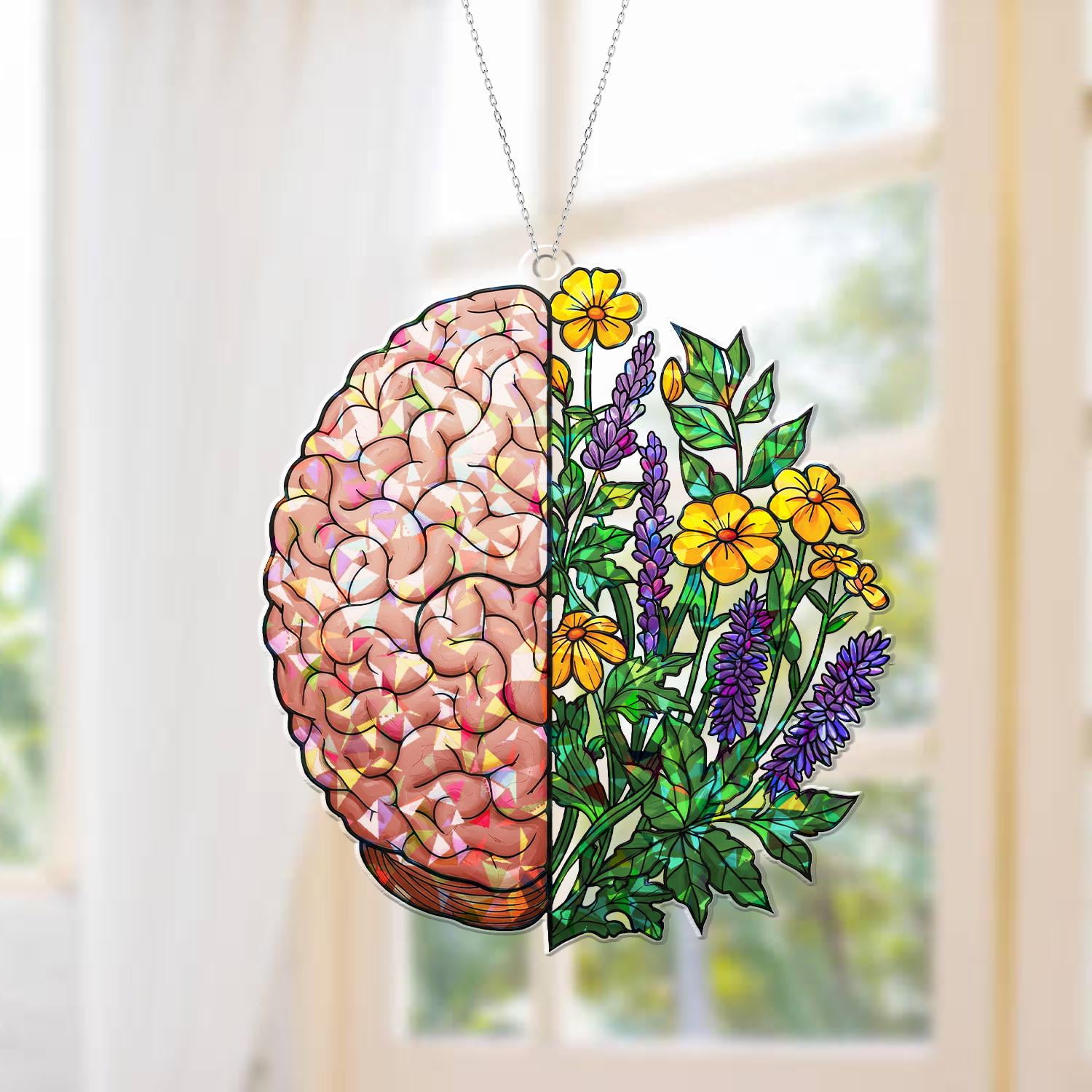 Brain & Flowers Acrylic Suncatcher | Holographic Window Hanging ...