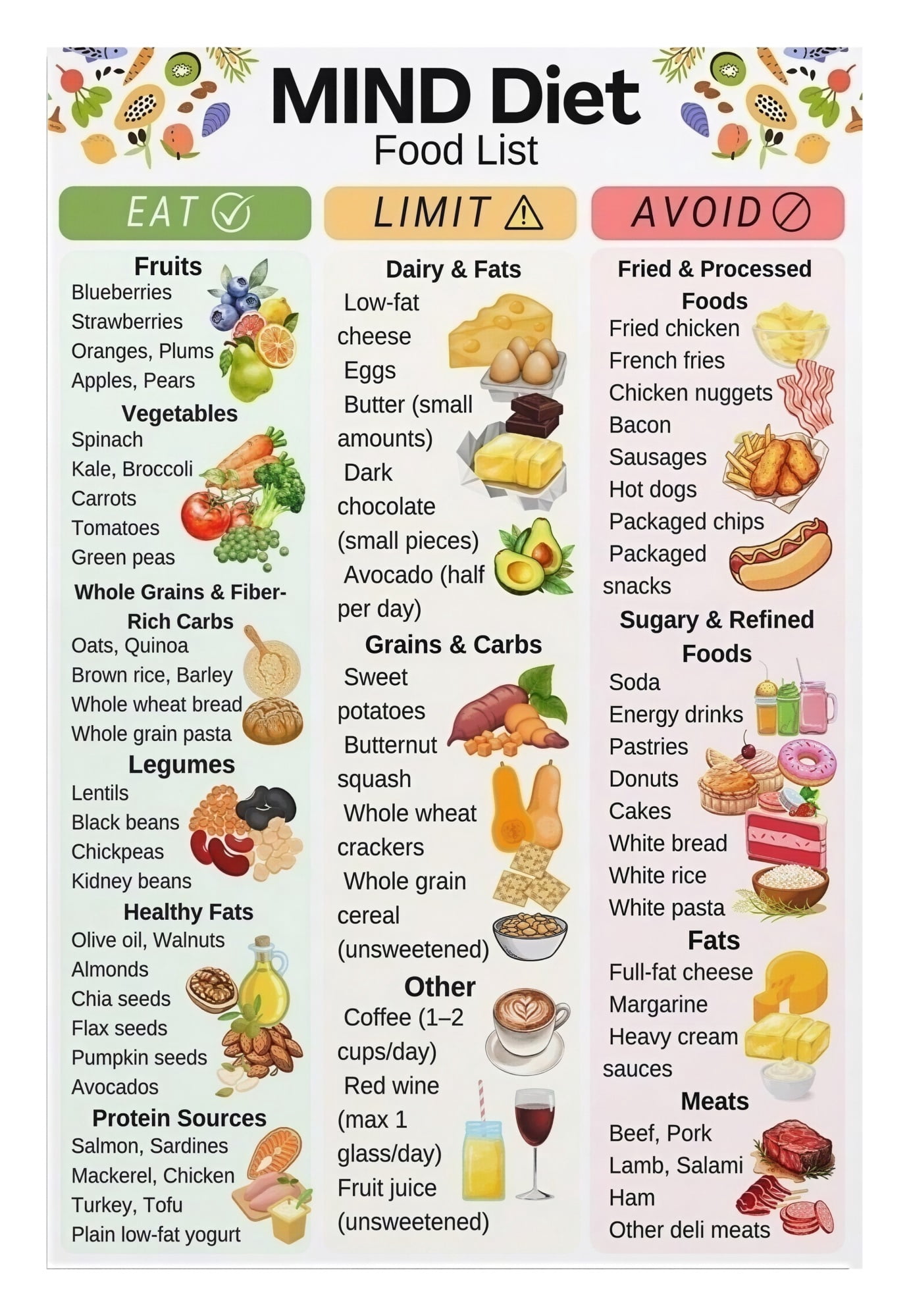 Brain Health Chart Poster MIND Diet Food List for Alzheimer Prevention ...