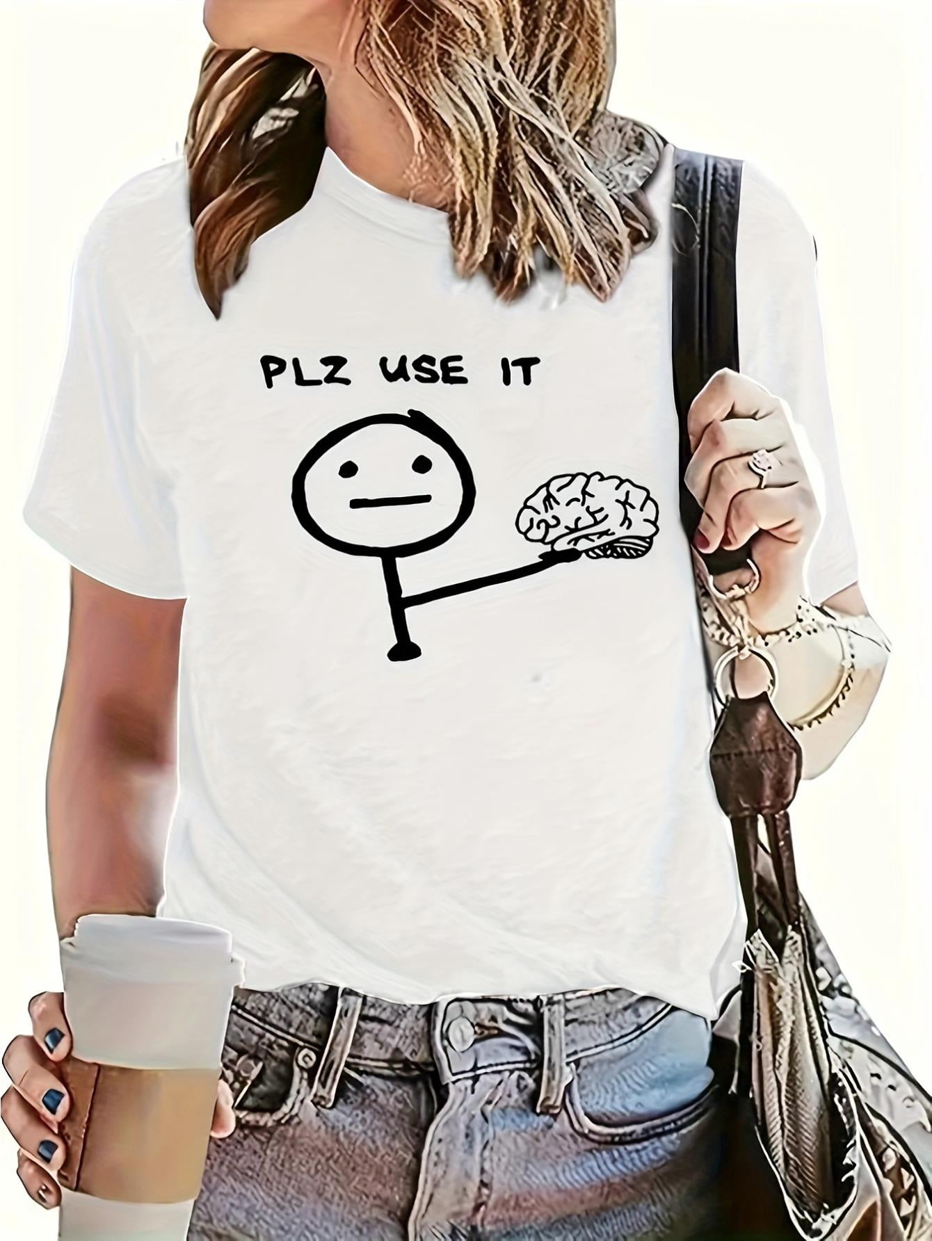 Brain Print Crew Neck T-Shirt, Casual Short Sleeve T-Shirt For Spring ...