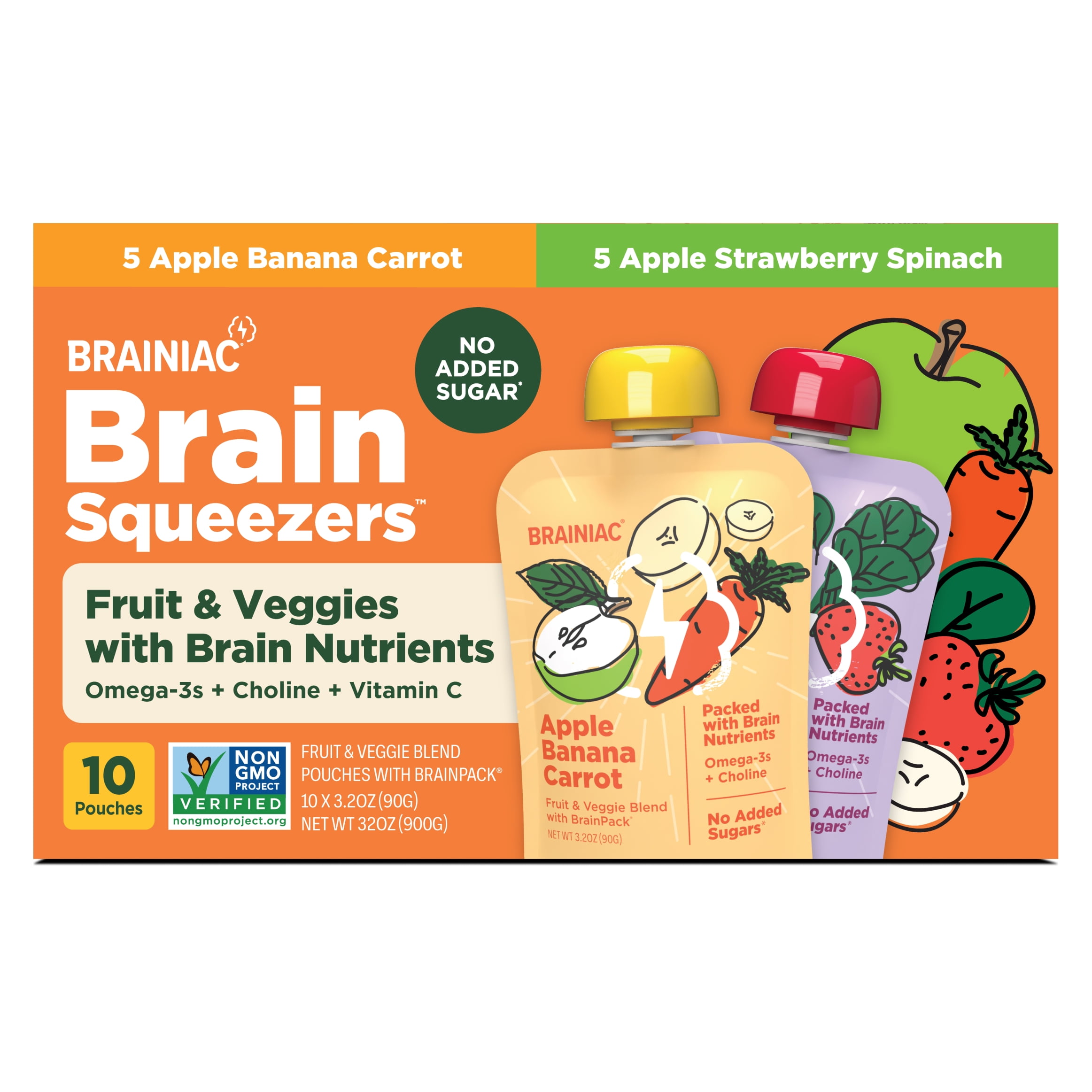 Brain Squeezers Fruit and Veggie Pouches with BrainPack, No Added Sugar ...