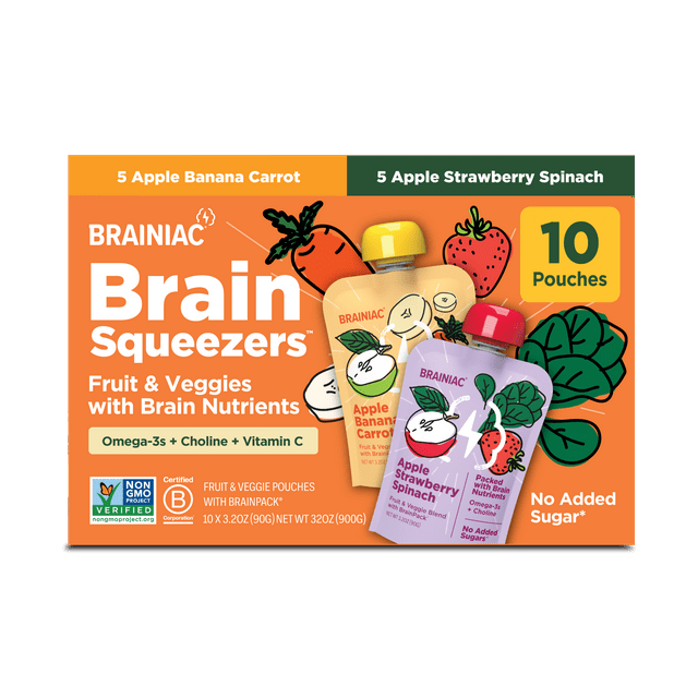Brain Squeezers Fruit and Veggie Pouches with BrainPack, No Added Sugar ...