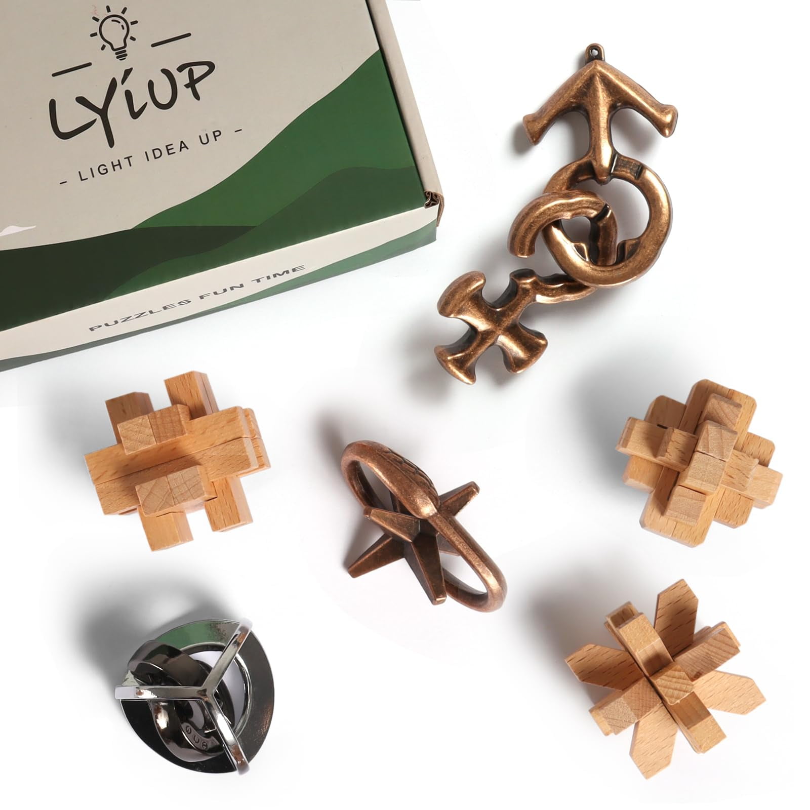 Brain Teaser Puzzle Wooden EC36 and Metal 6PCS 3D Unlock Interlocking ...