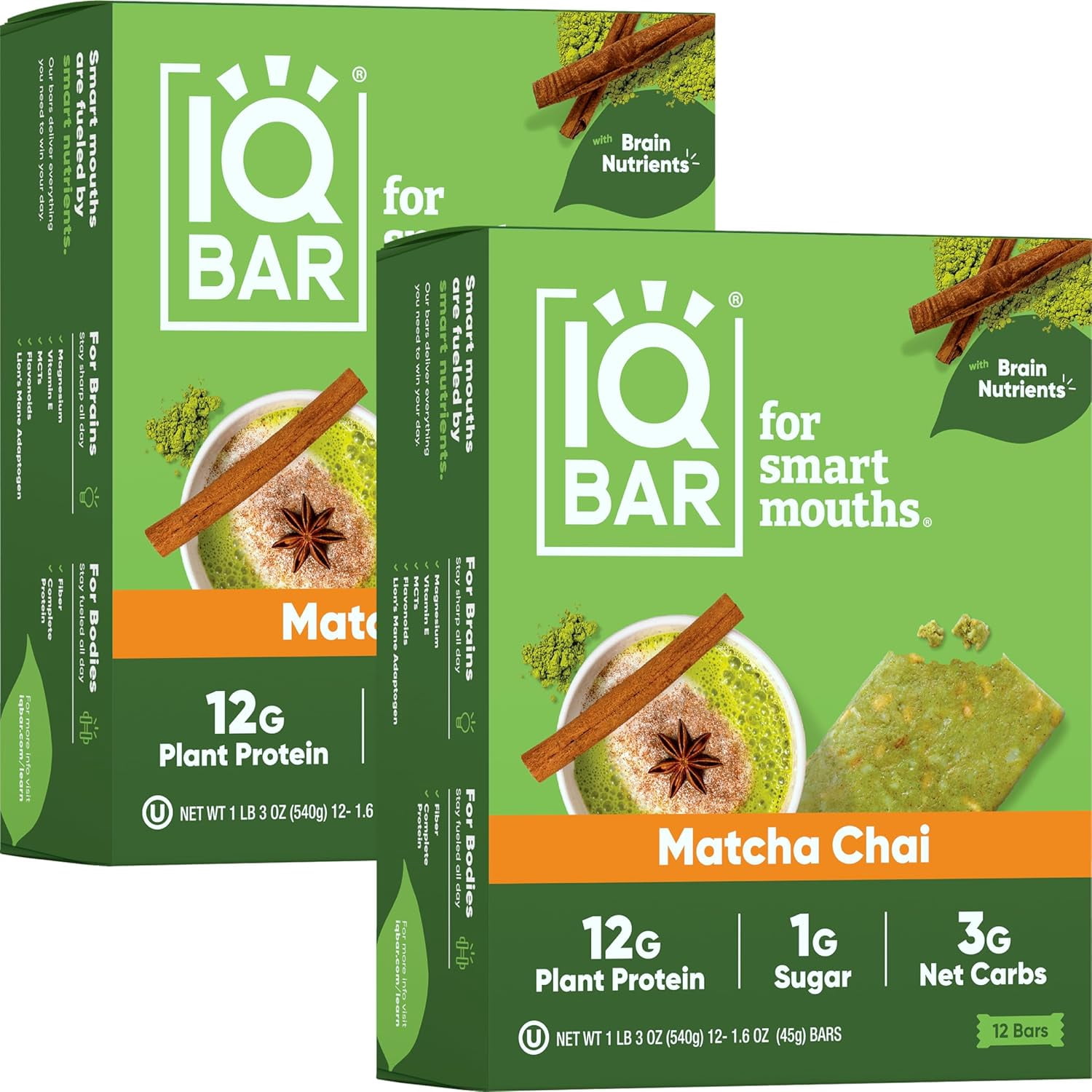 Brain and Body Plant Protein Bars - Matcha Chai - 24 Count, Low Carb ...