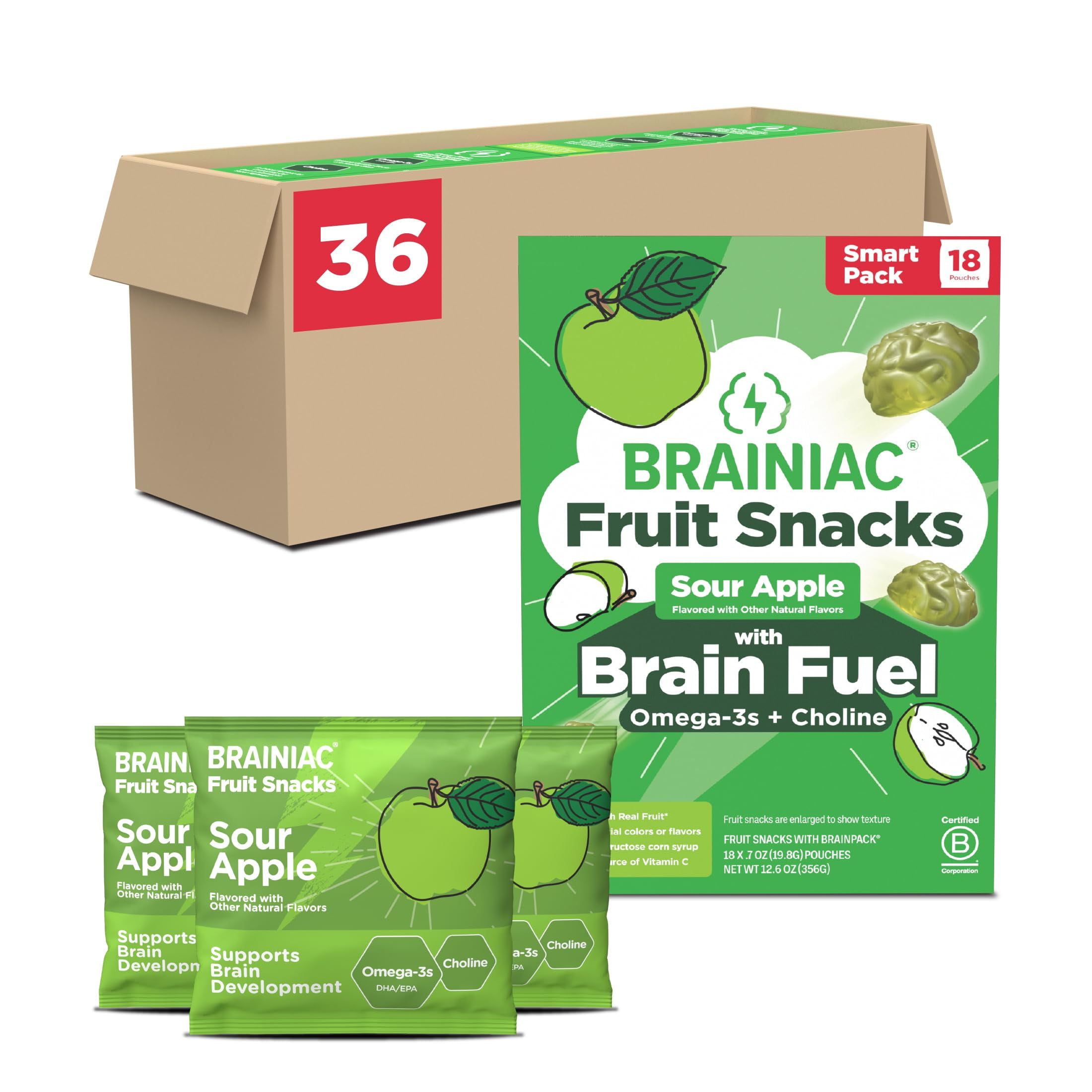 Brainiac Fruit Snacks, FEV6 Sour Apple, Brain Boosting Patented ...