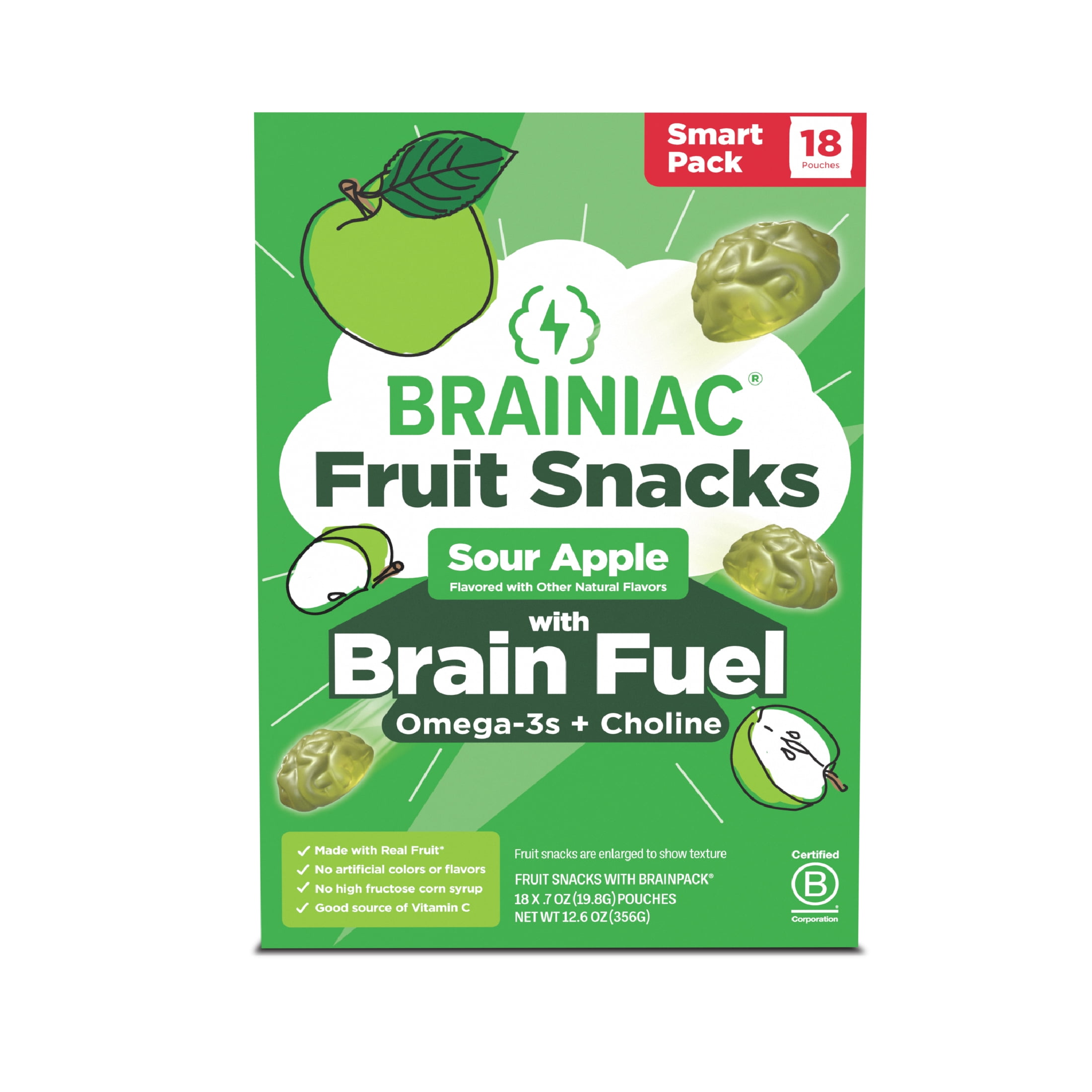 Brainiac Fruit Snacks with BrainPack, Sour Apple Flavor, 18ct - Walmart.com