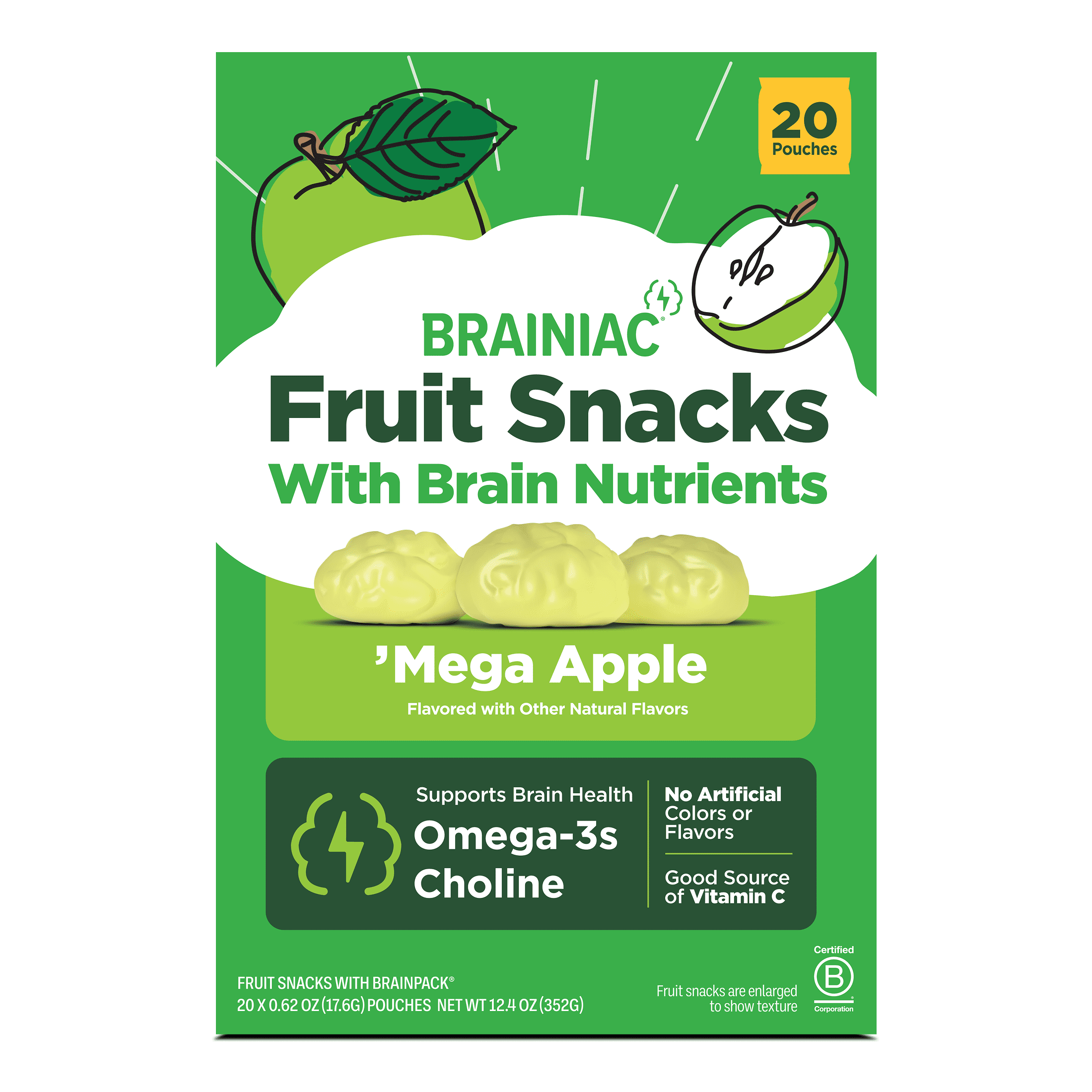 Brainiac Fruit Snacks with BrainPack, Sour Apple Flavor, 20 Count ...