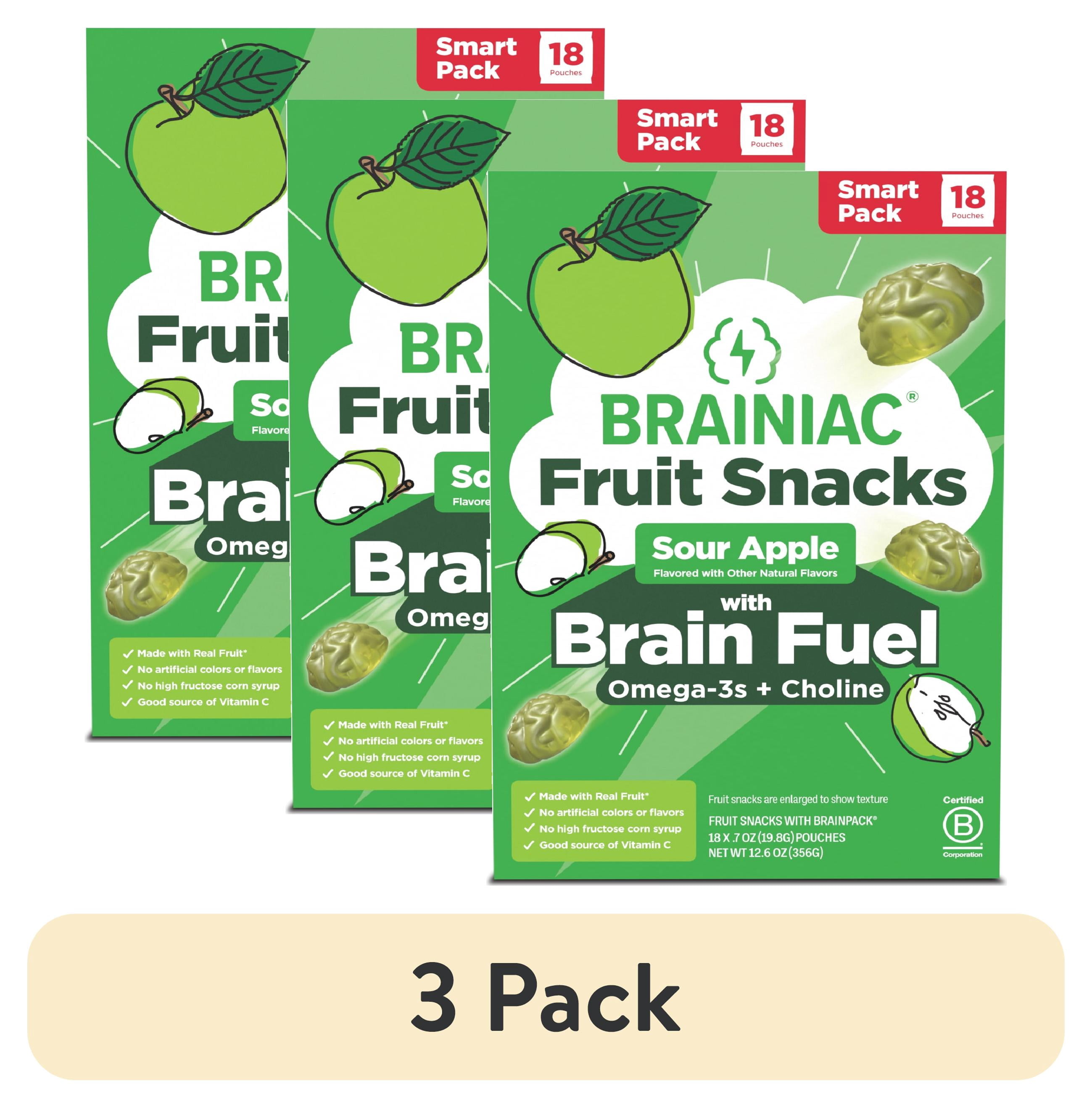 (3 pack) Brainiac Fruit Snacks with BrainPack, Sour Apple Flavor, 18ct ...