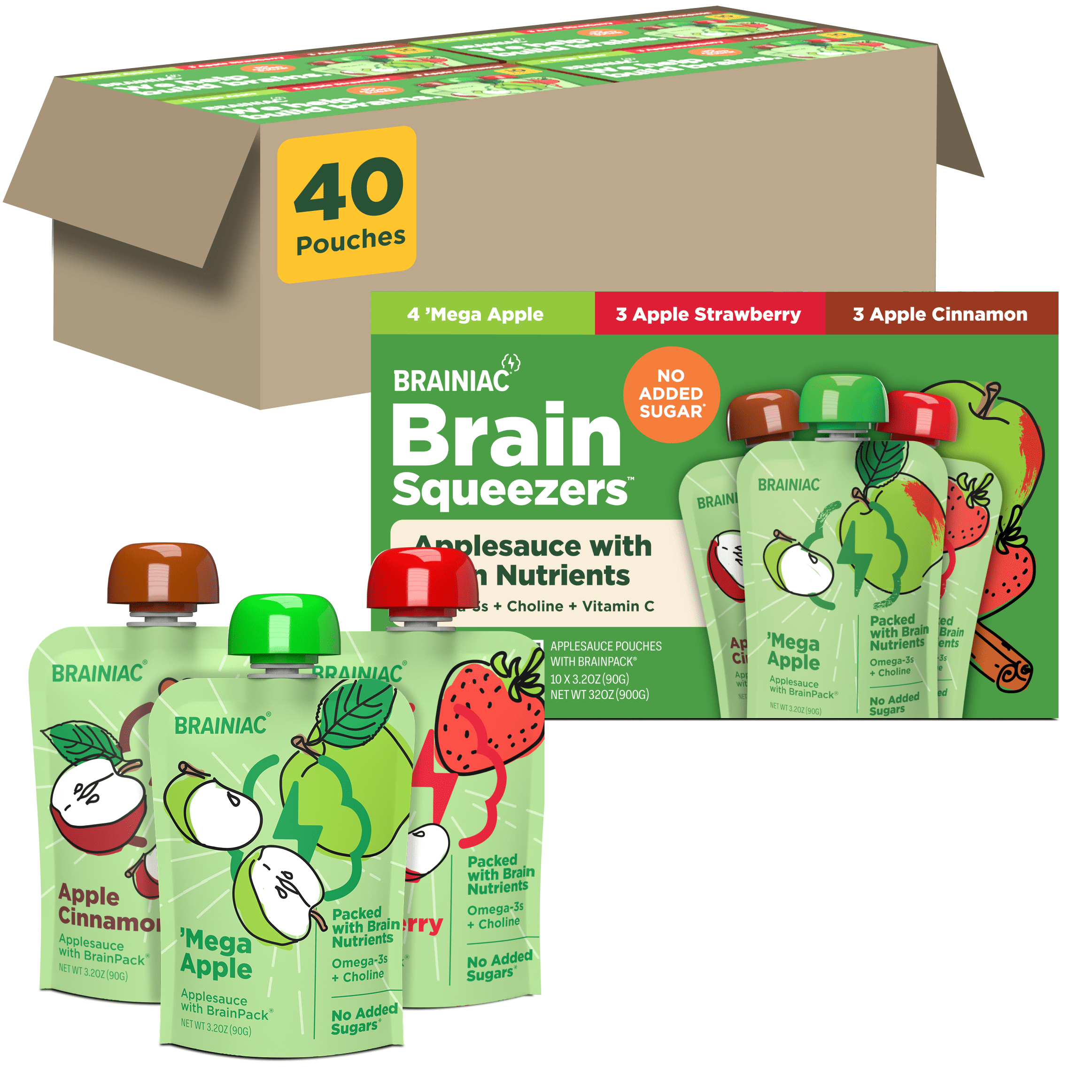Brainiac Omega-3 Applesauce Variety Pack, No Sugar Added, 3.2oz, 40 Ct ...