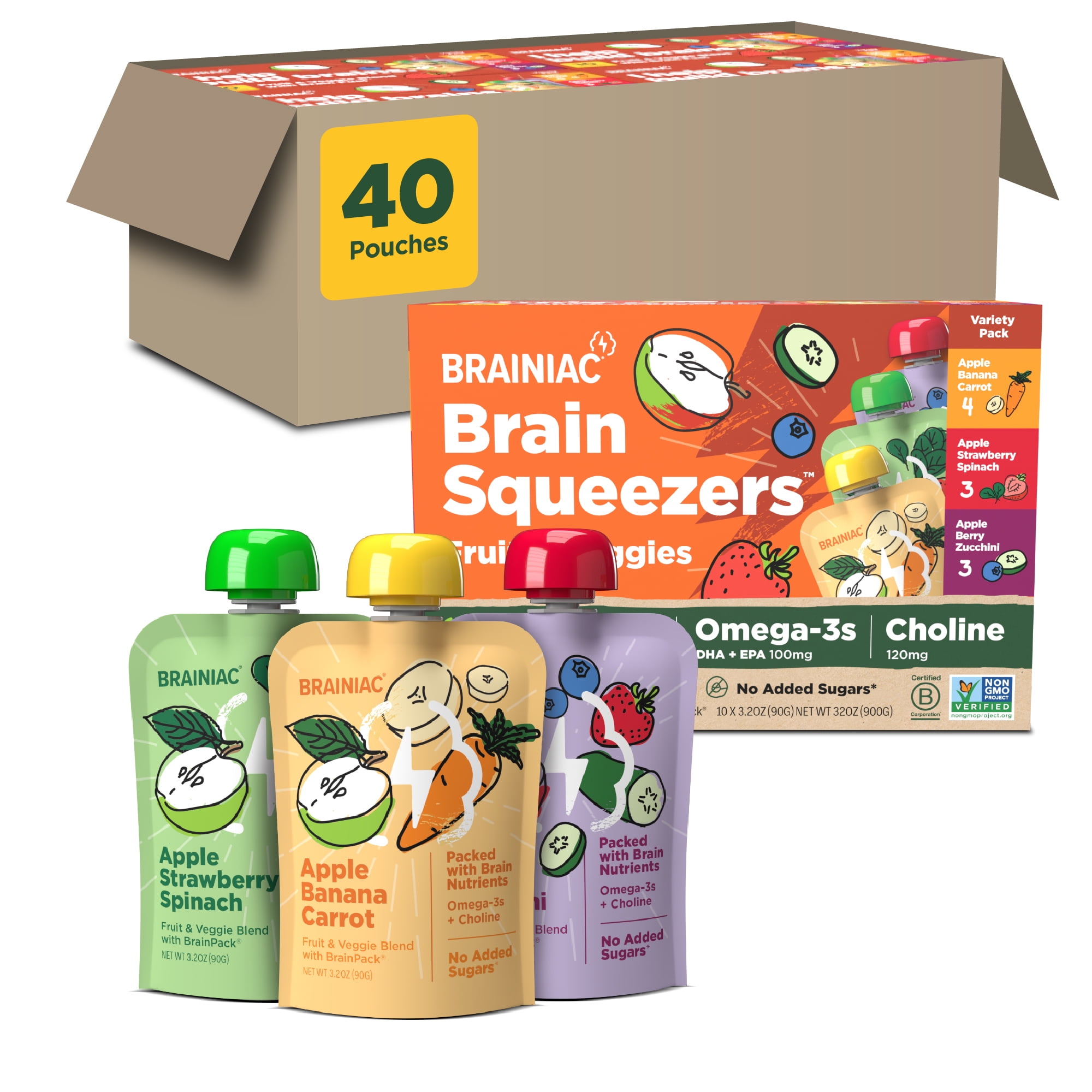 Brainiac Omega-3 Fruit and Veggie Blend Variety Pack, No Sugar Added, 3 ...