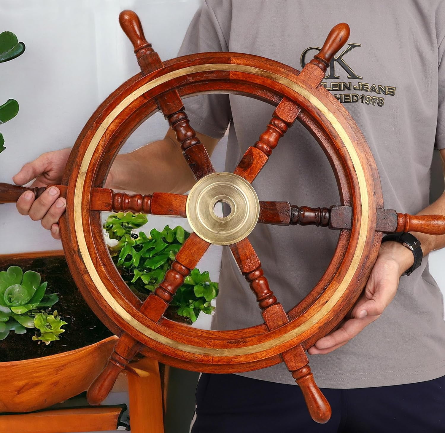 Brainmart Wooden Nautical Premium Handcrafts Ship Wheel – Brass Ring ...