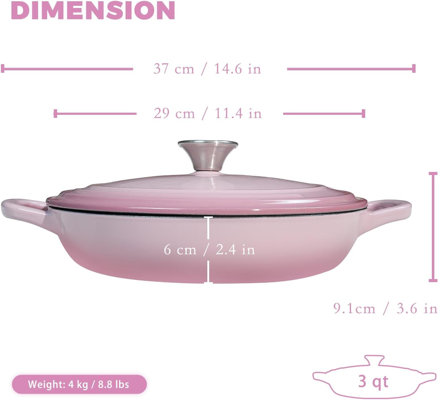Braiser Enameled Cast Iron 3 qt Braiser Pan with Lid Pink Shallow Cast ...