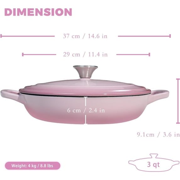 Braiser Enameled Cast Iron 3 qt Braiser Pan with Lid Pink Shallow Cast ...