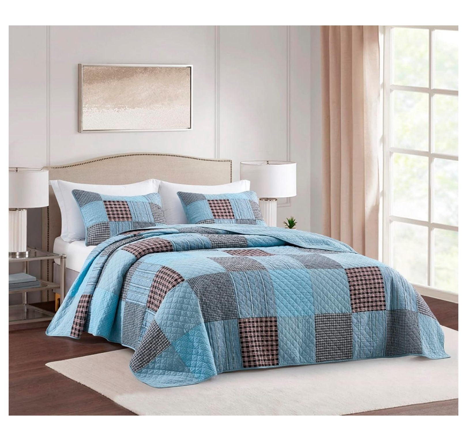 Bram 3-Piece Patchwork Quilt Set Queen - Pre-Washed Cotton Solid Plaid ...