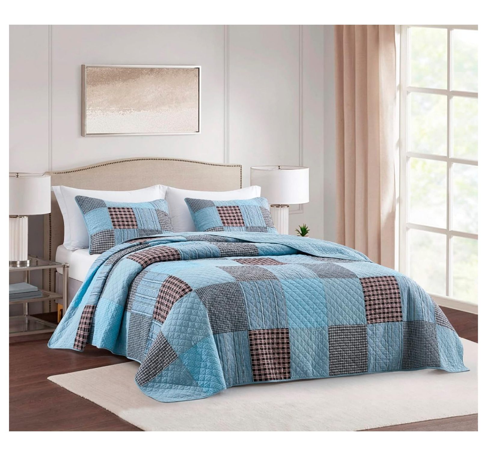 Bram 3-Piece Patchwork Quilt Set Queen - Pre-Washed Cotton Solid Plaid ...