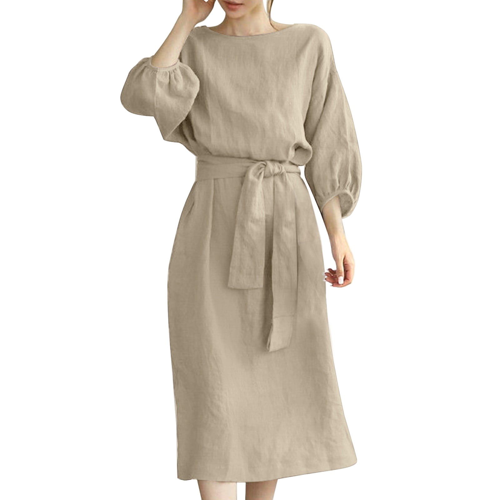Bramtres Midi Dresses,Linen Dress,Women's Long High Waist Tied Solid ...