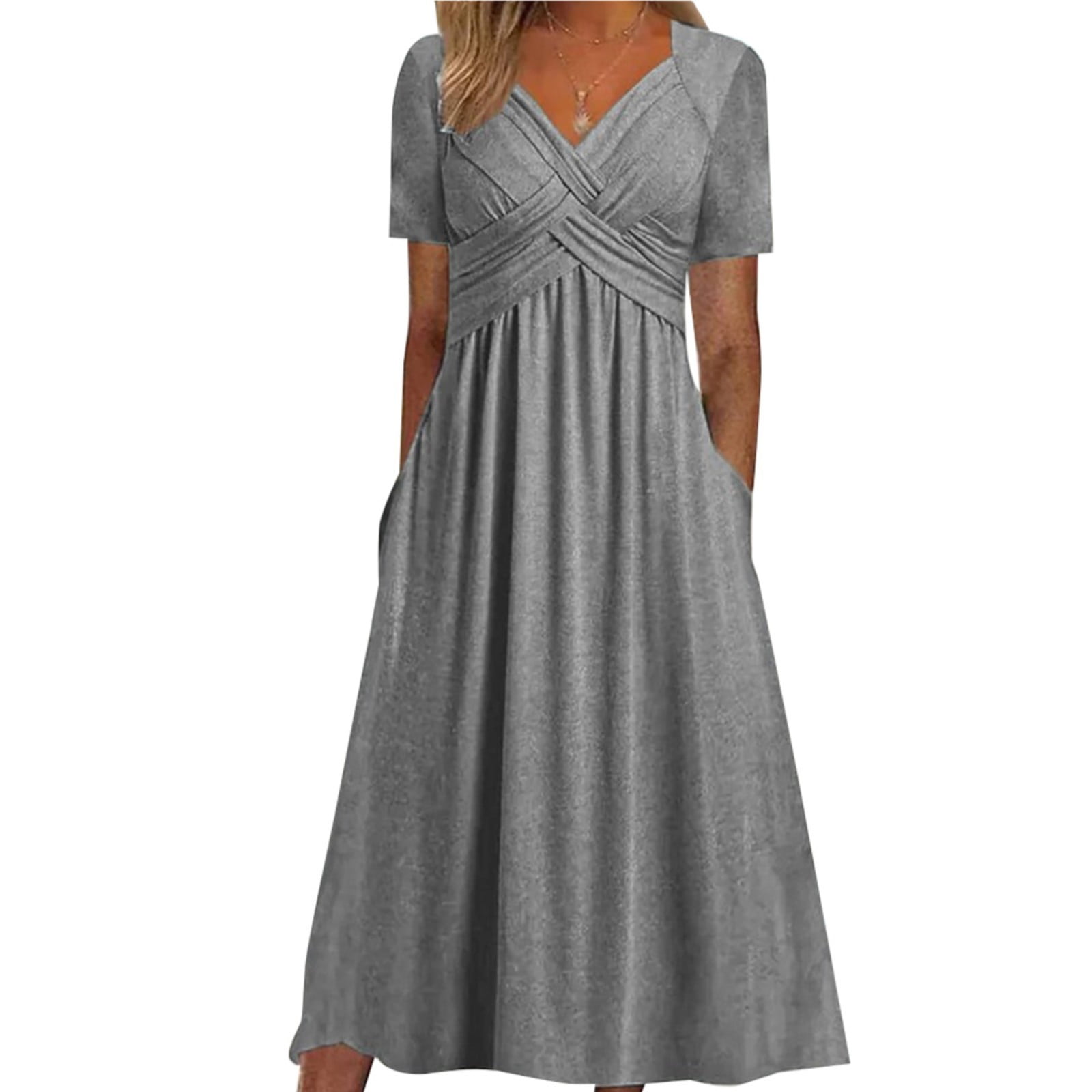 Bramtres Midi Dresses,Modest Dresses,Ladies V Neck Short Sleeve Solid ...