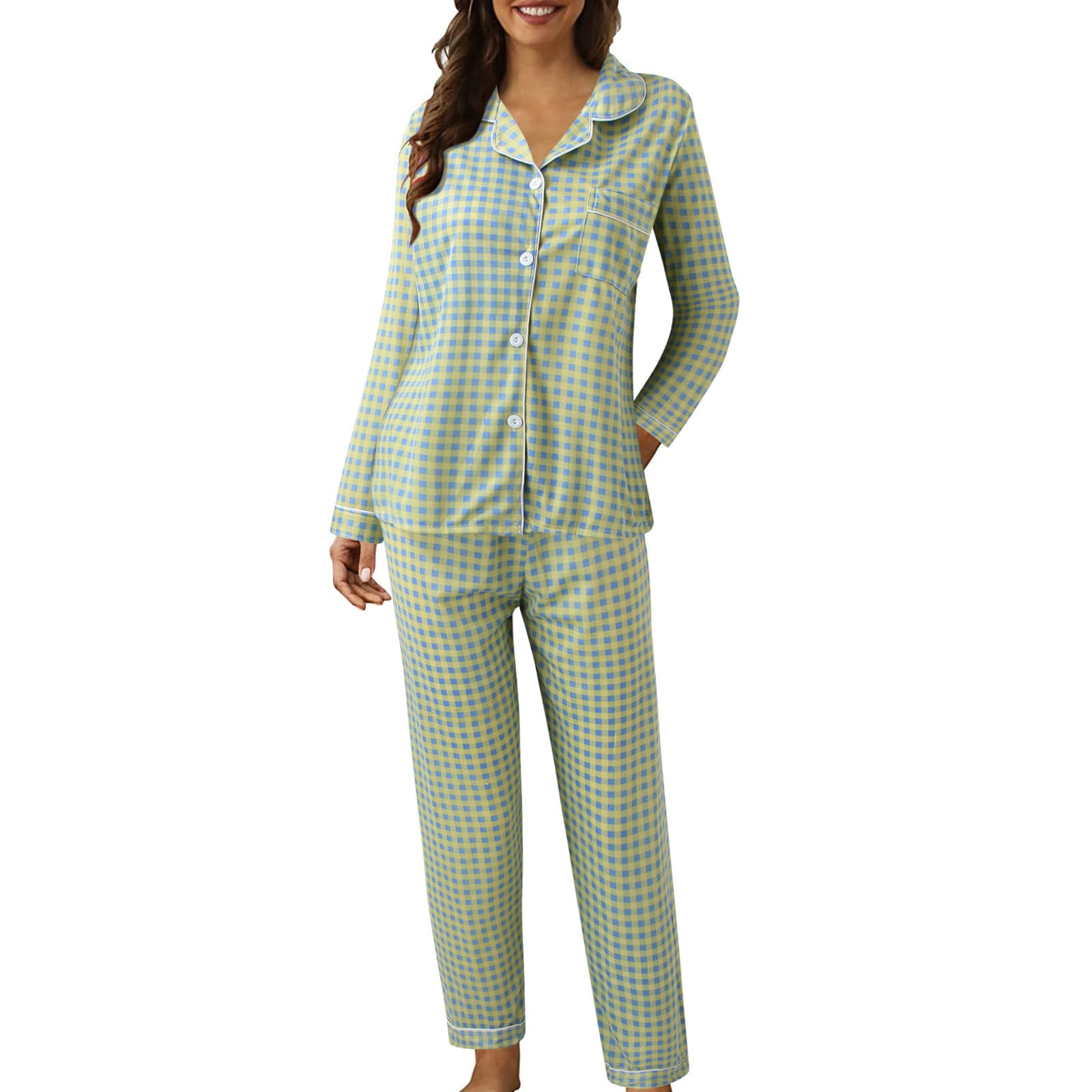 Bramtres Pajama Sets for Women 2 Piece Button Up Pajamas Lapel Button ...