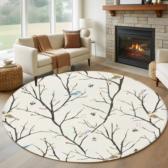 Branch Flower 6FT Round Area Rugs for Living Room Bee Bird Bud Retro ...