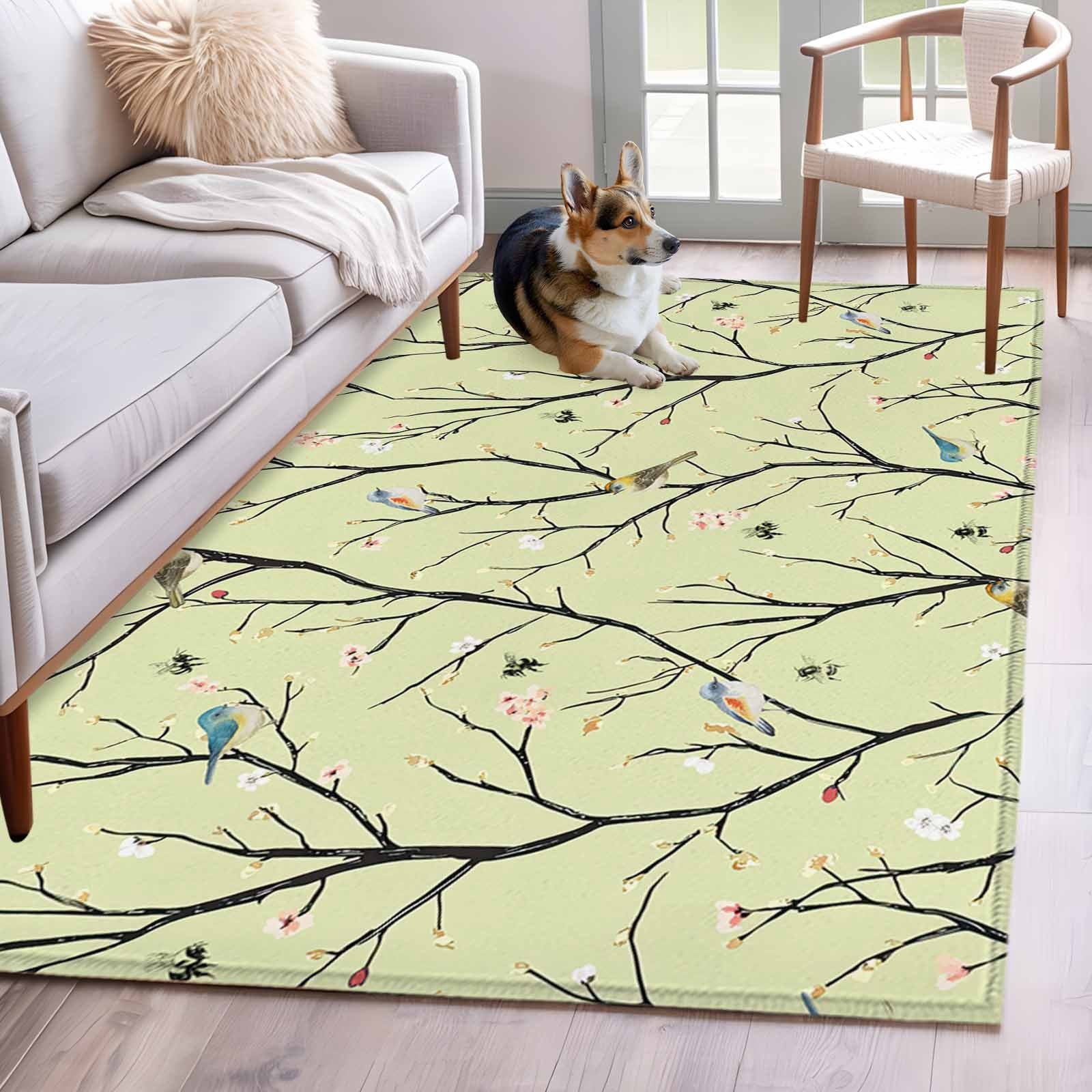 Branch Flower Area Rugs 4x6 ft Bee Bird Bud Retro Green Washable Rug ...