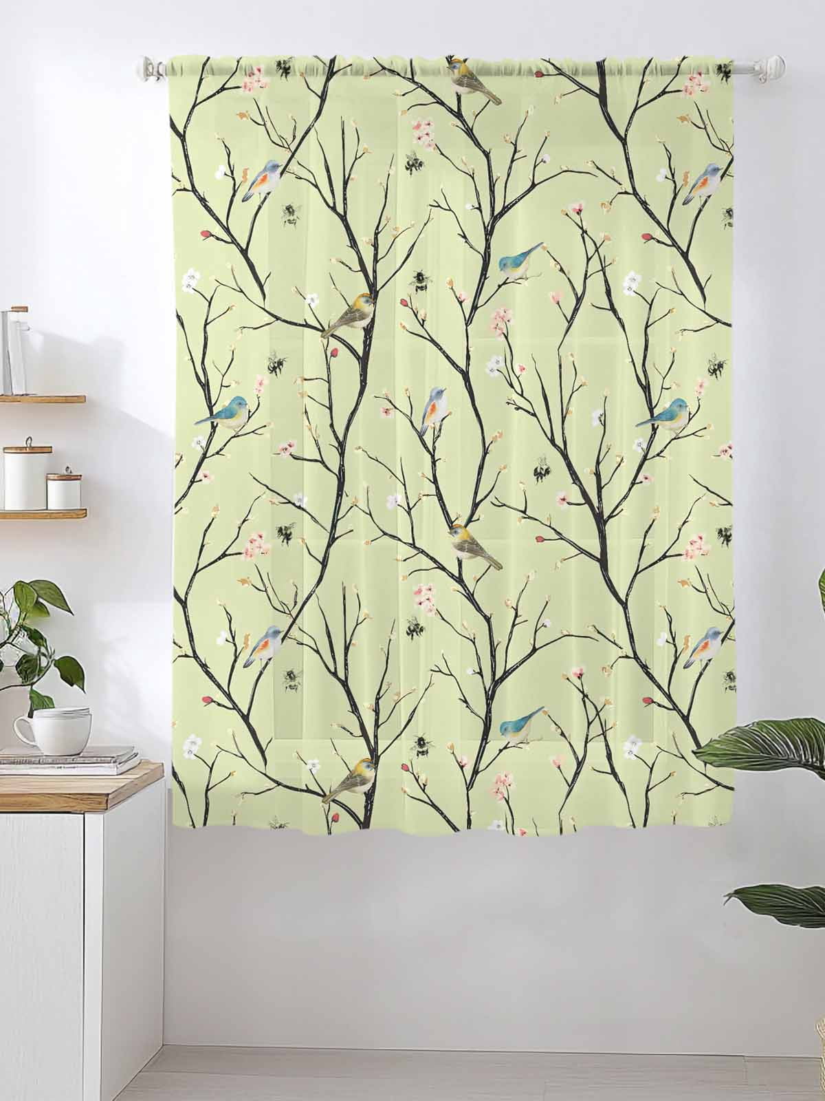 Branch Flower Sheer Curtains 63 Inch Long 1 Panel Bee Bird Bud Retro ...