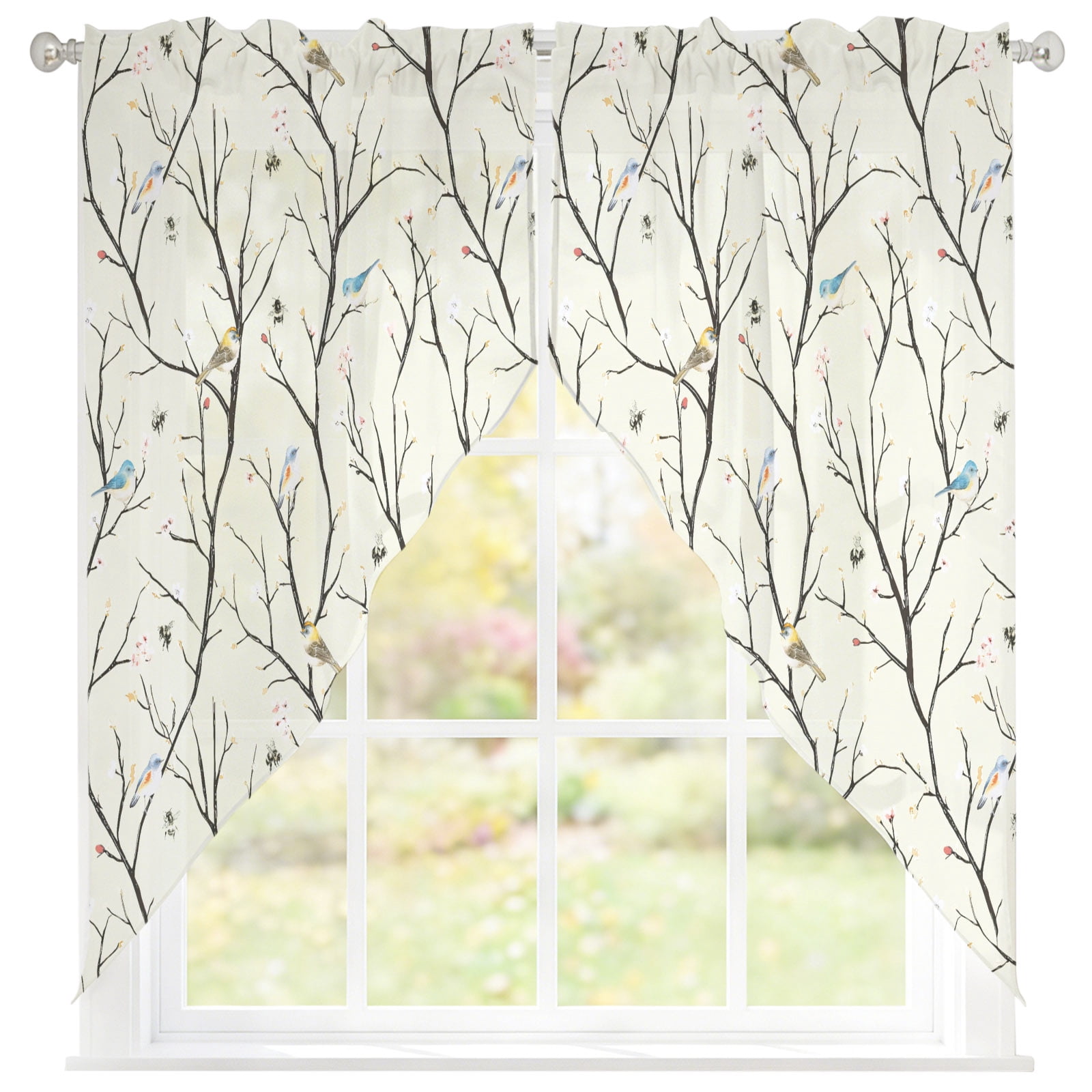 Branch Flower Sheer Curtains Swag Valances for Windows Bee Bird Bud ...