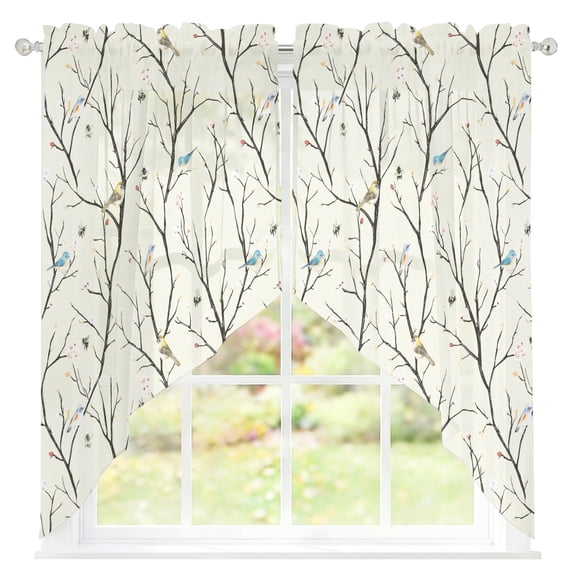 Branch Flower Sheer Curtains Swag Valances for Windows Bee Bird Bud ...