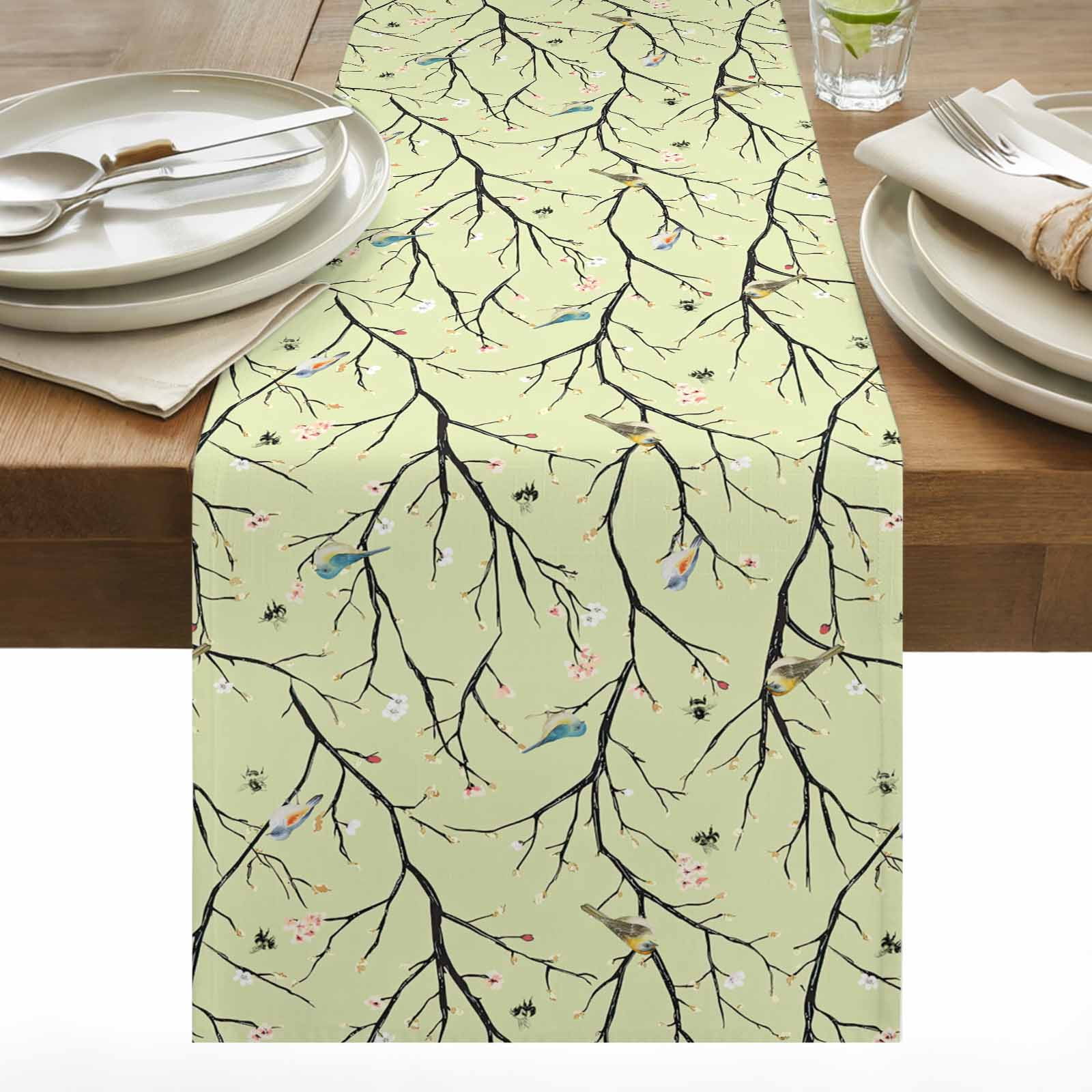 Branch Flower Table Runner 13x60 inch Bee Bird Cotton Linen Dining ...