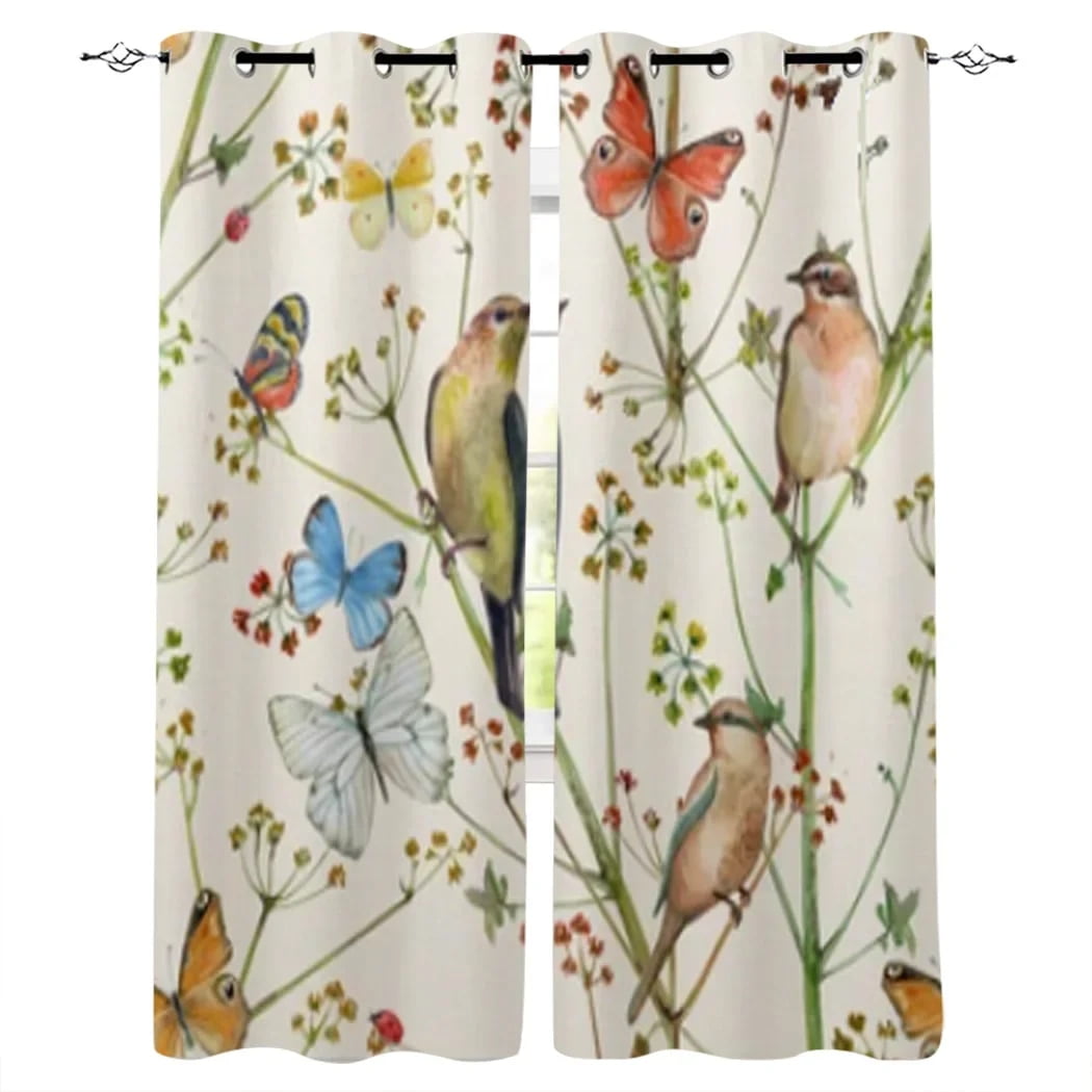 Branch Flowers Butterfly Bird Window Curtain For Living Room Bedroom ...