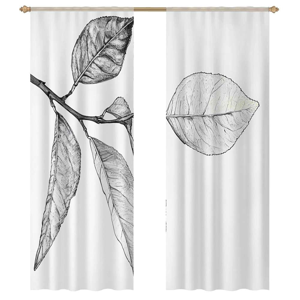 Branch With Leaves Sketch Sheer Voile Curtain Window Tulle Curtains For ...