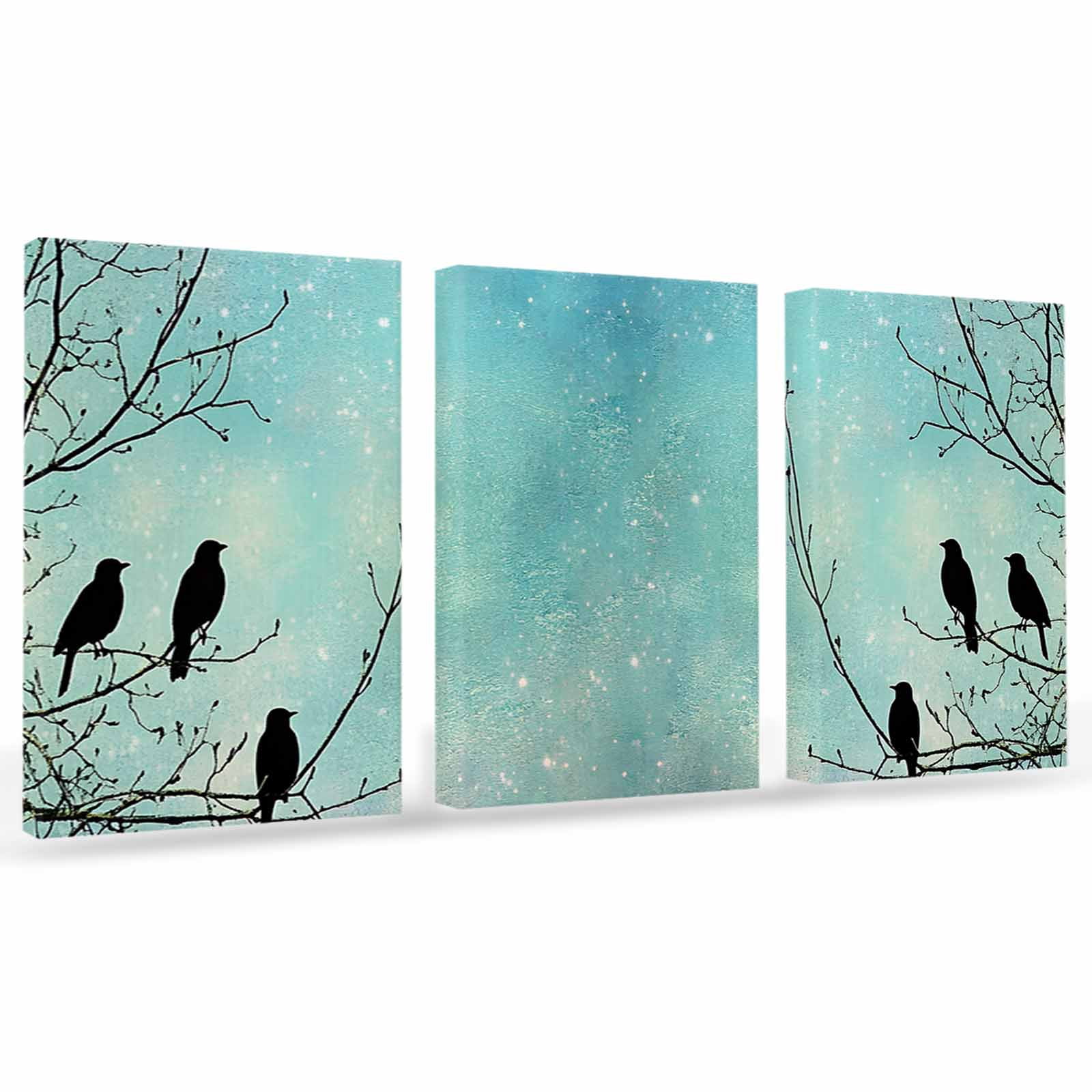 Branches Birds Canvas Wall Art 3 Panels, Blue Retro Watercolor Style ...