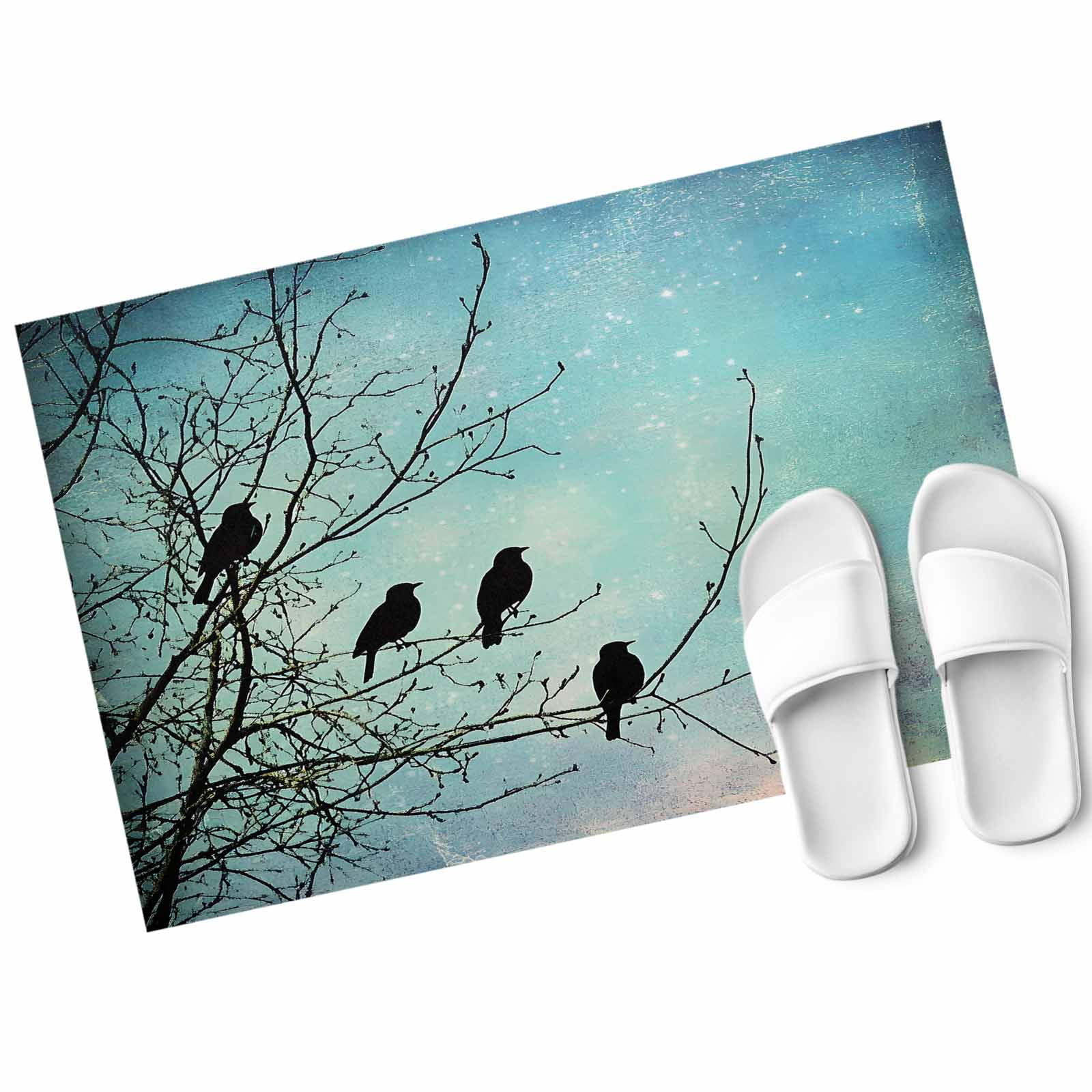 Branches Birds Door Mat Blue Retro Watercolor Style Non Slip Absorbent ...