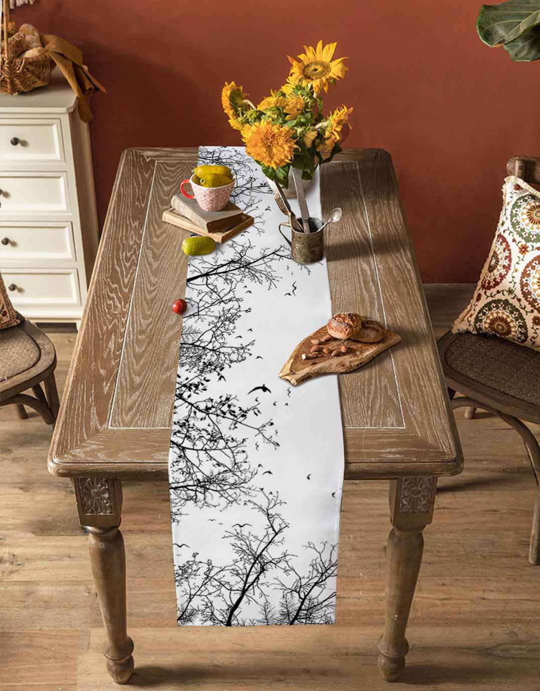 Branches Birds Plants Table Runner Cotton Lin Wedding Table r ...