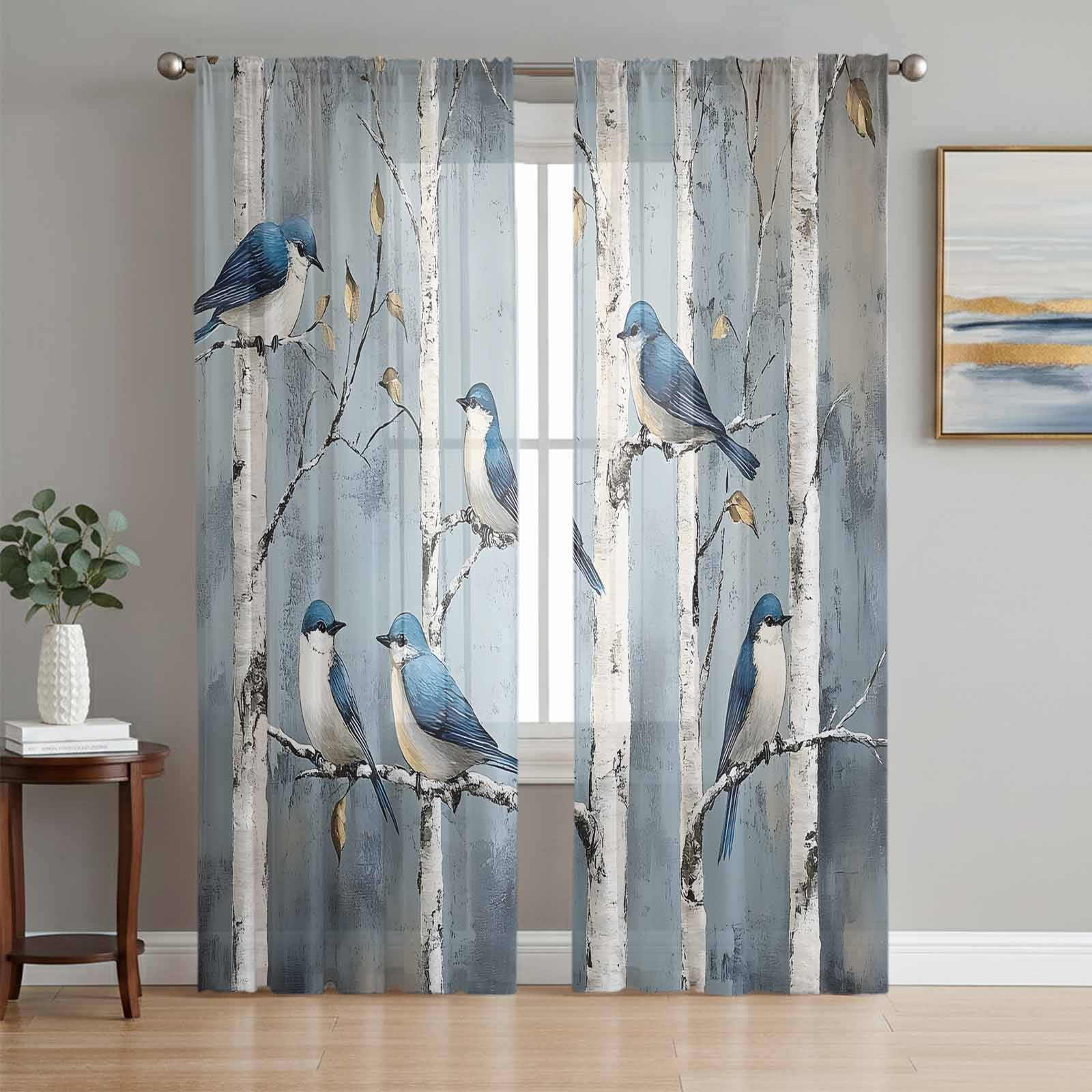Branches Birds Sheer Curtains 96 Inch Length 2 Panels Set, Vintage ...
